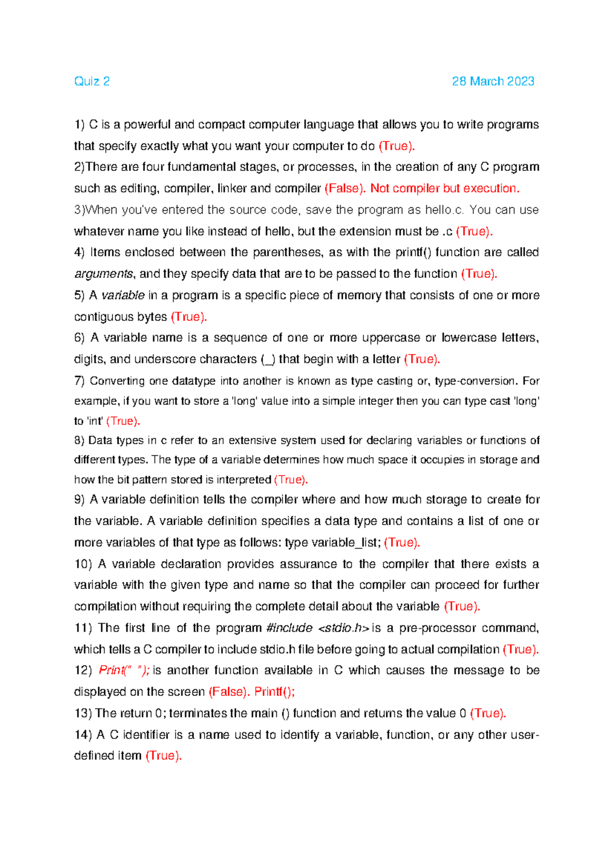 Quiz 2 C Programming Concepts - 28 March 2023 - Studocu