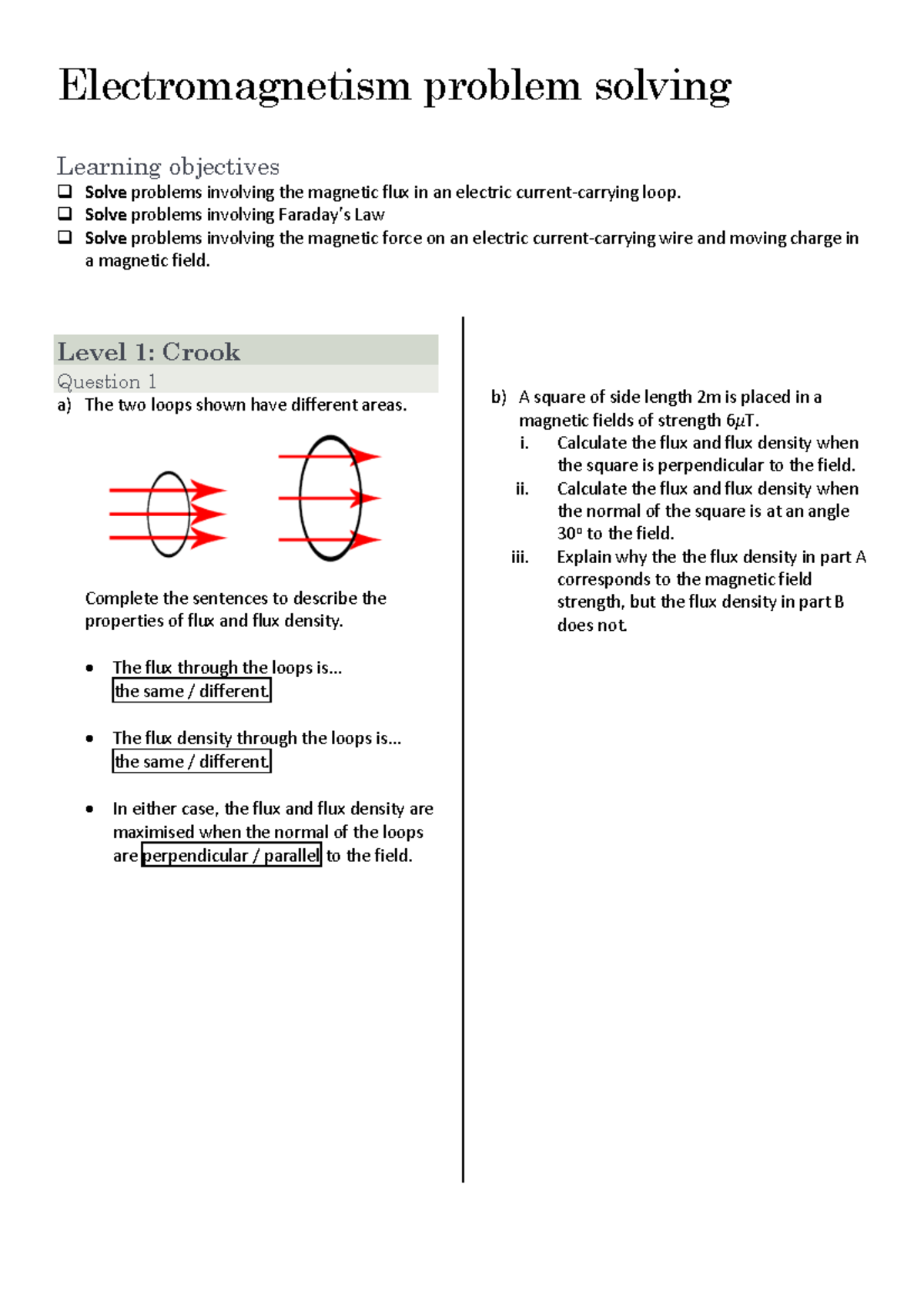Electromagnetism Problem Solving WS - Learning Objectives & Solutions ...