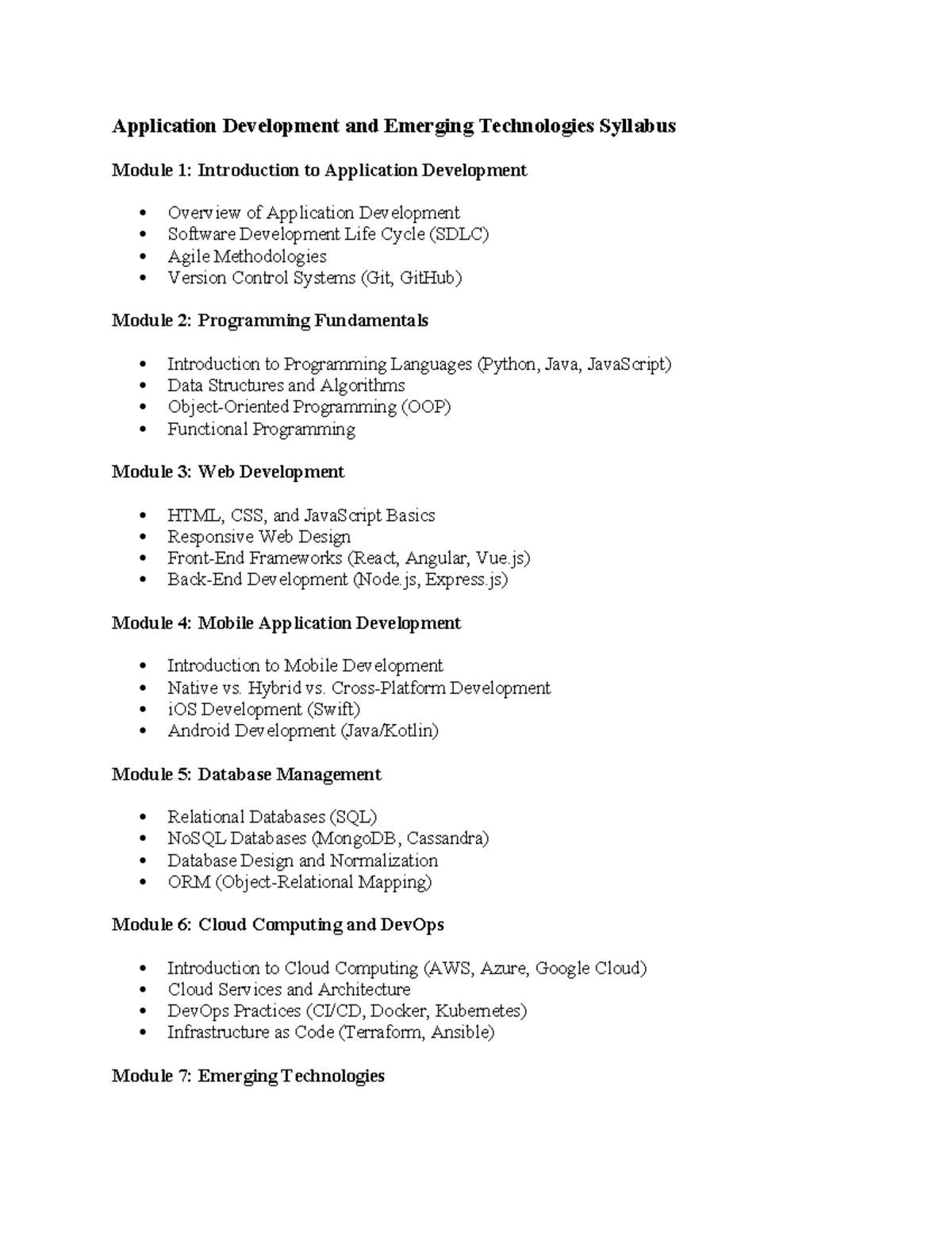 Application Development & Emerging Tech Syllabus: Course Overview - Studocu