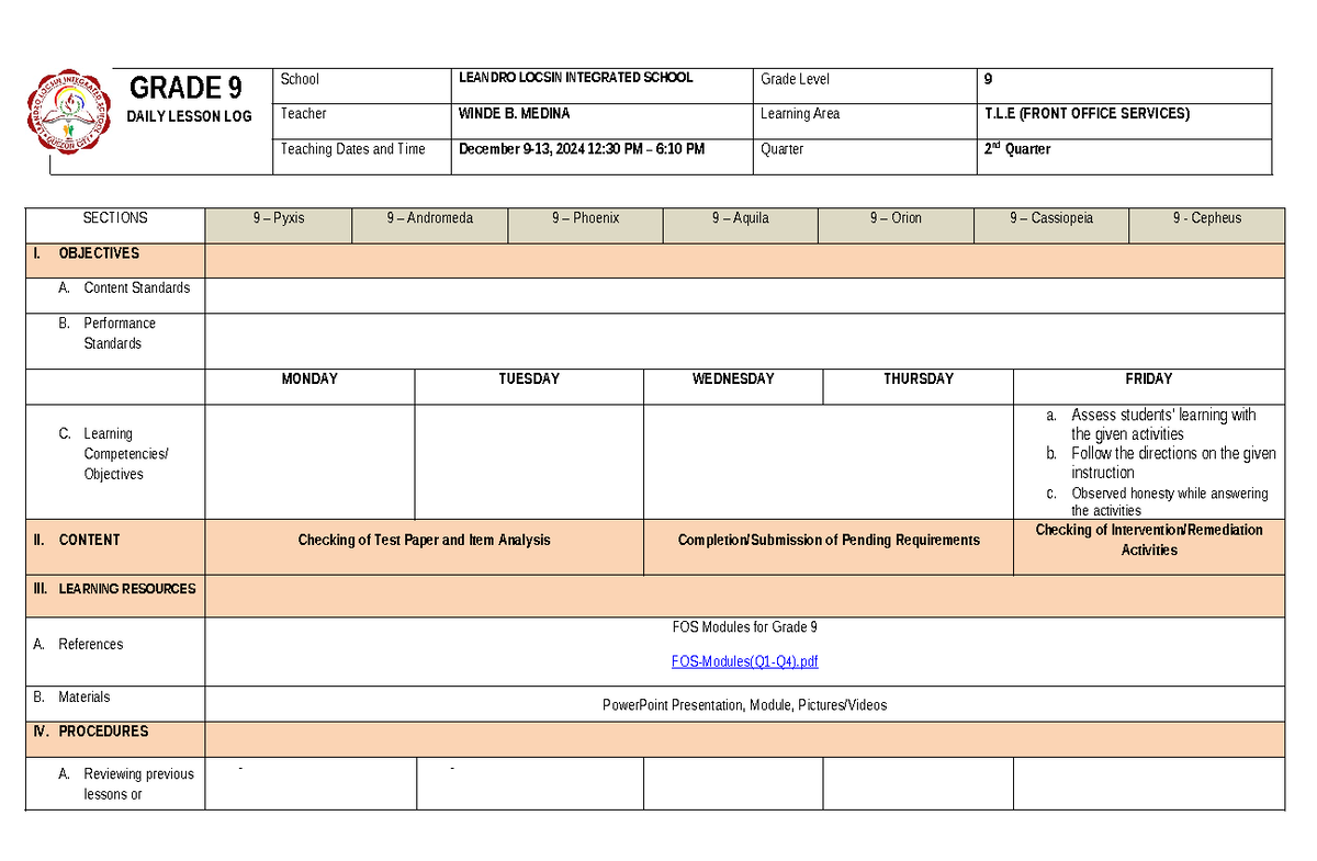 FOS-DLL Q2W11: Grade 9 Daily Lesson Log by Medina 2024 - Studocu
