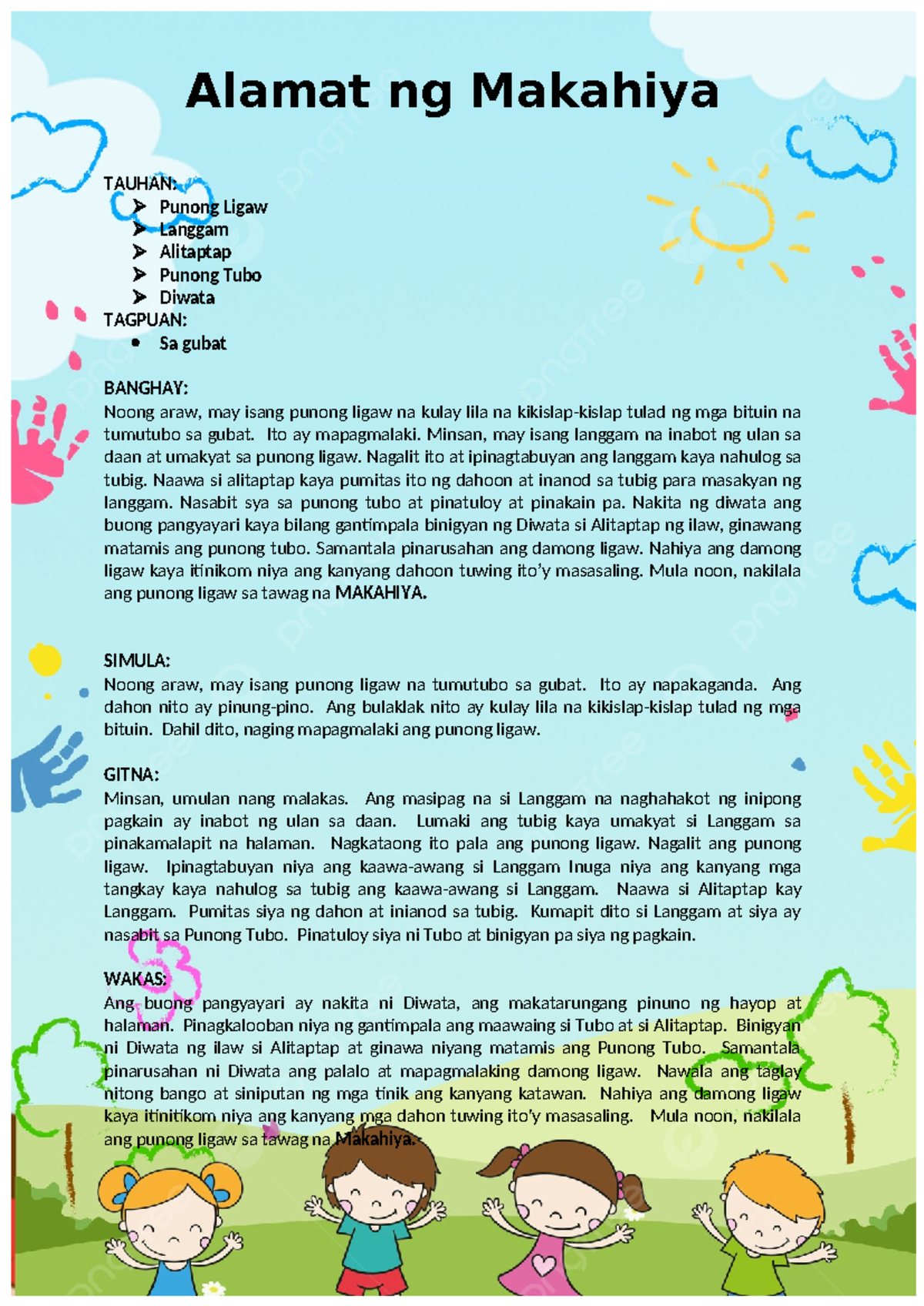 Alamat ng Makahiya: Kwento ng Punong Ligaw at mga Tauhan - Studocu