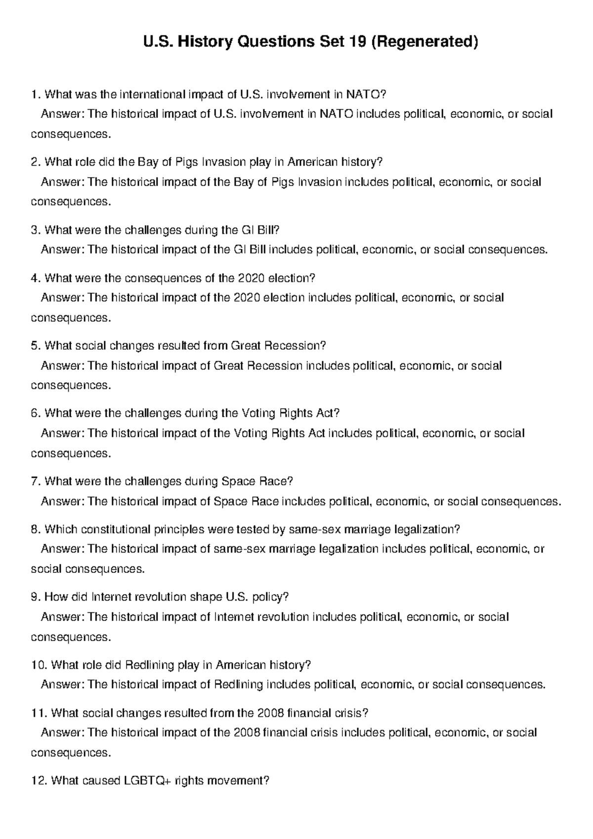 U.S. History Questions Set 19: Key Events and Their Impacts - Studocu