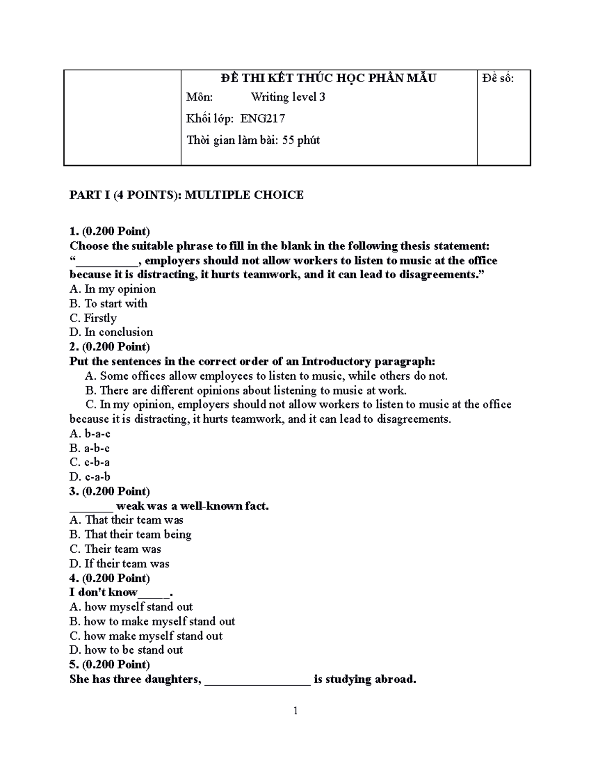 Sample Final TEST - ENG217- TEST 2 - ĐỀ THI KẾT THÚC HỌC PHẦN MẪU Môn ...