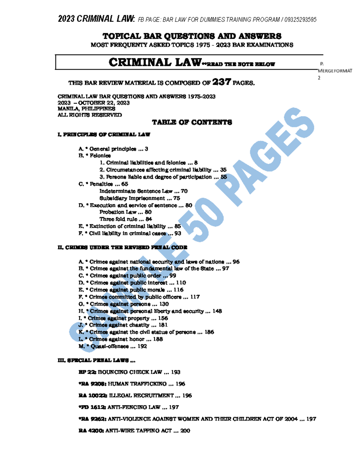 2024 Tbqas Criminal LAW - SAMPLE 50 PAGES TOPICAL BAR QUESTIONS AND ...