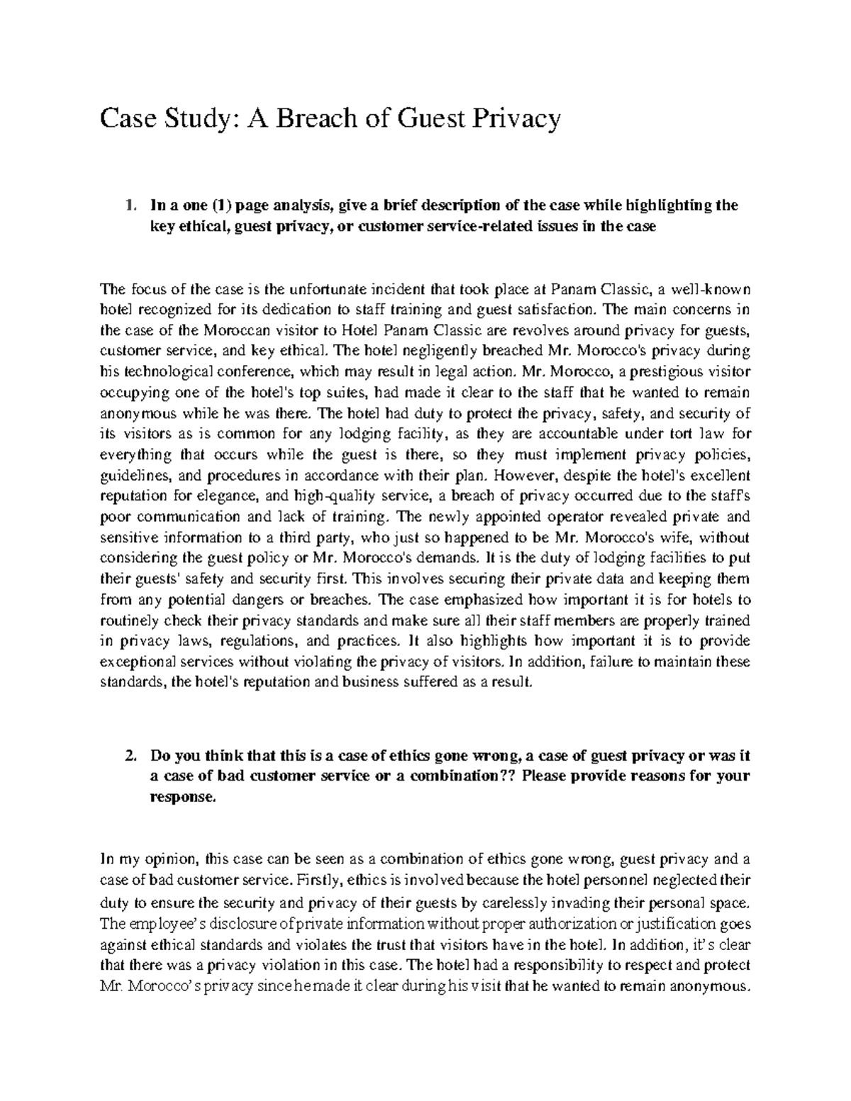 Case Study A Breach of Guest Privacy - The main concerns in the case of ...