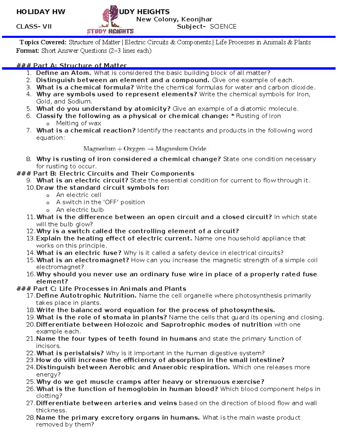 Class 7 Science Holiday HW: Structure of Matter & Life Processes - Studocu