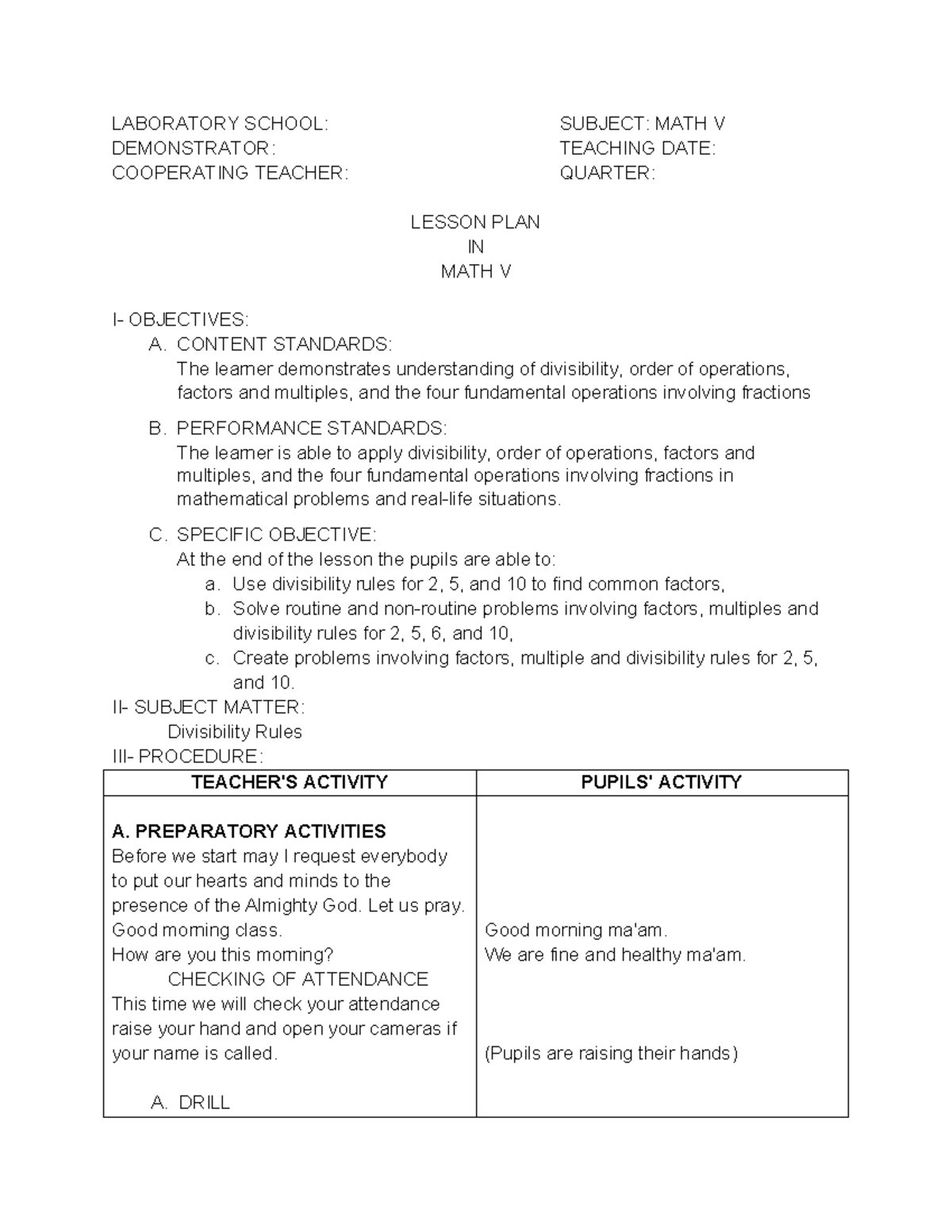 MATH V Lesson Plan: Understanding Divisibility Rules (2, 5, 10) - Studocu