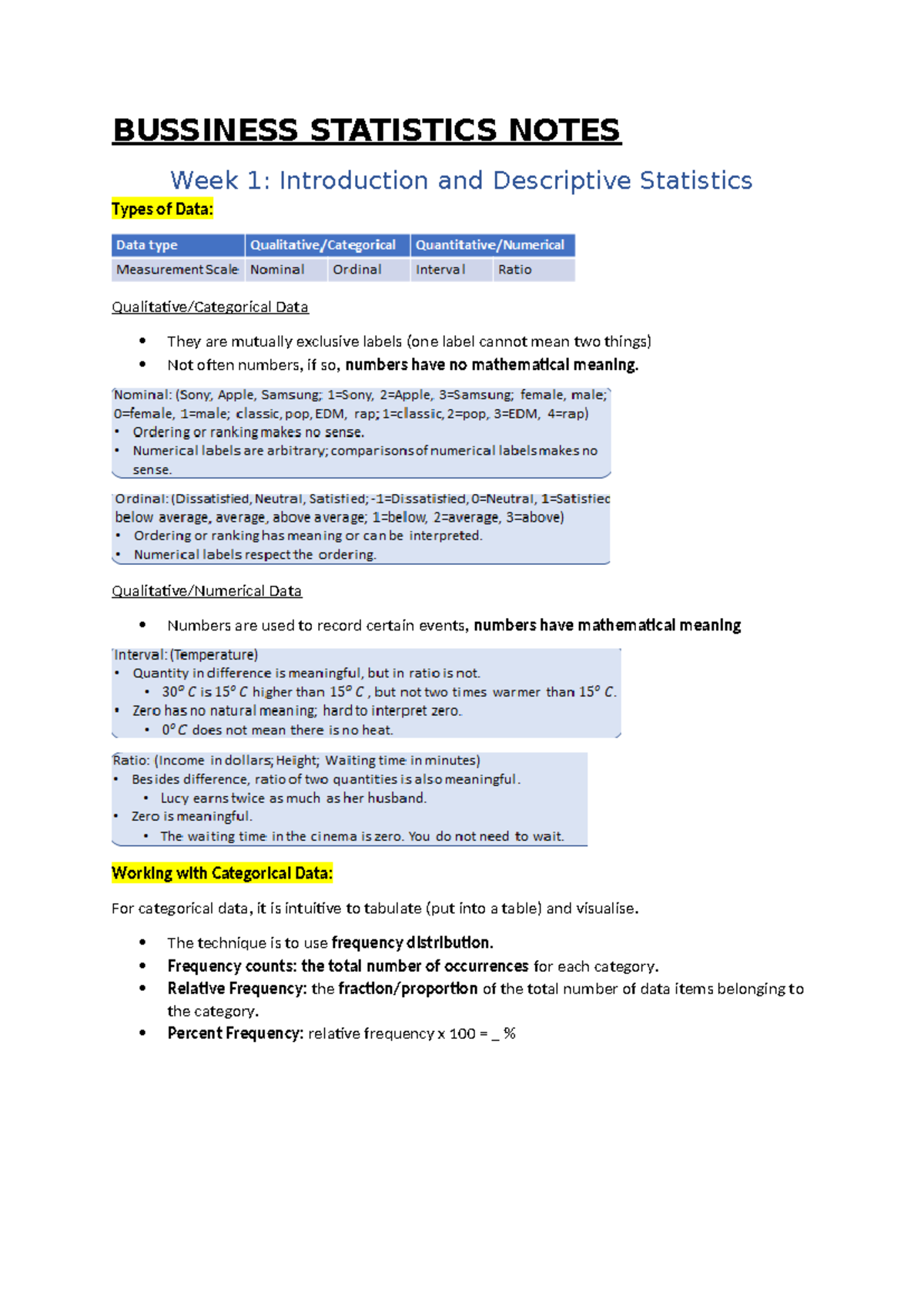 Business statistics notes - BUSSINESS STATISTICS NOTES Week 1 ...