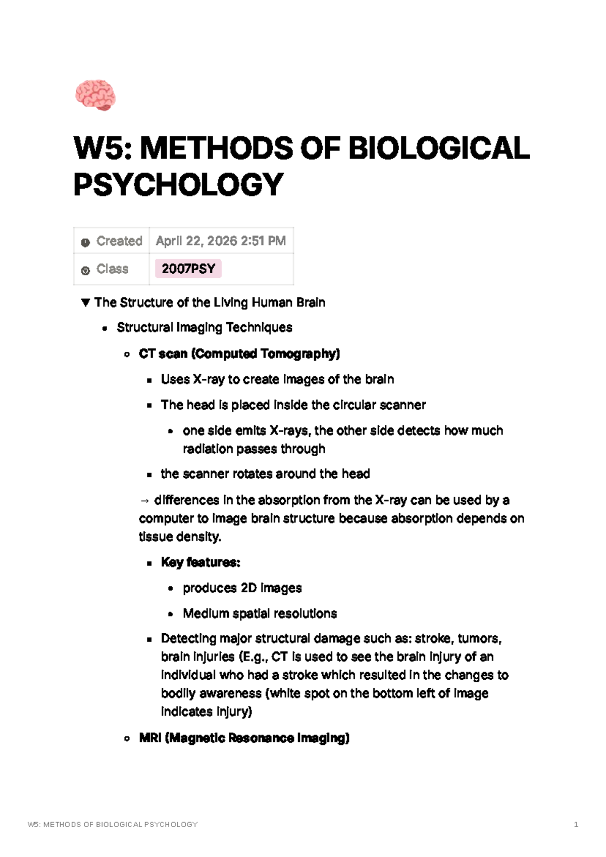 W5: Structural Imaging Techniques in Biological Psychology - Studocu