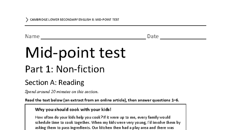 CAMBRIDGE LOWER SECONDARY ENGLISH 8: MID-POINT TEST - Studocu