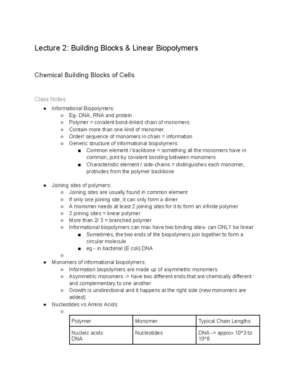 Lecture 2-4: Building Blocks & Linear Biopolymers - Class Notes - Studocu