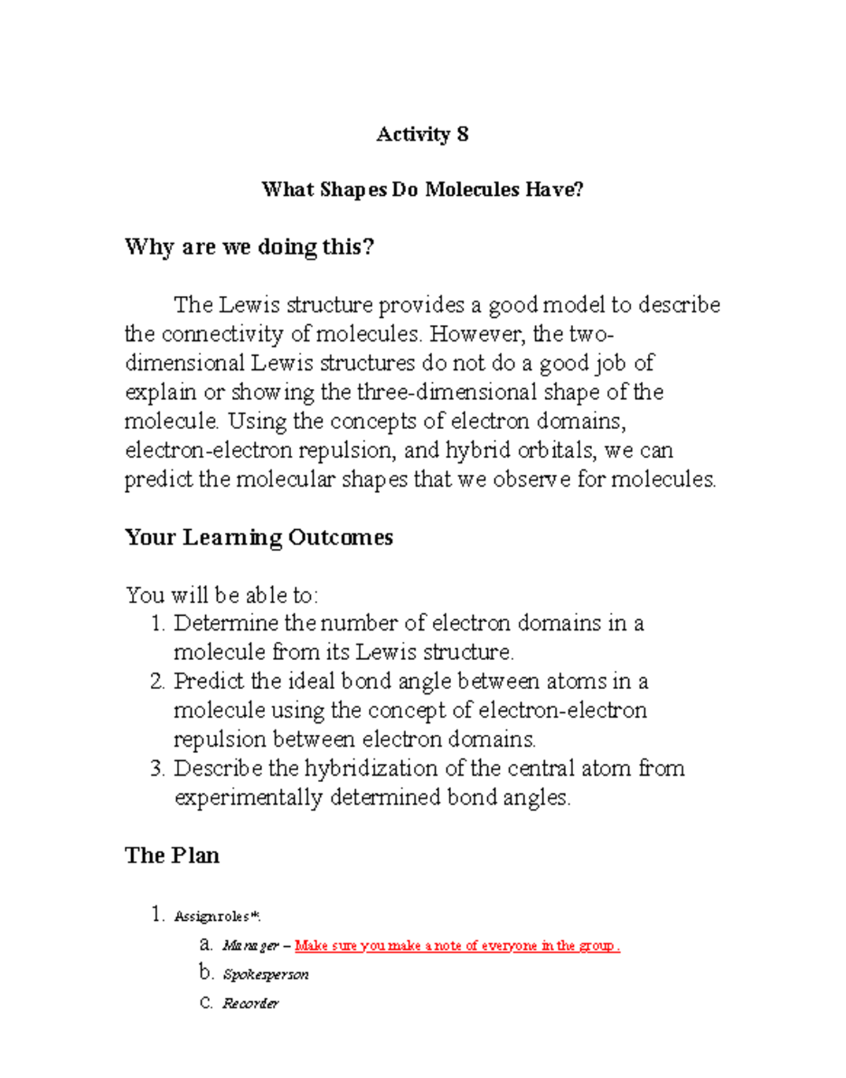 Activity 8: Exploring Molecular Shapes and Electron Domains in ...