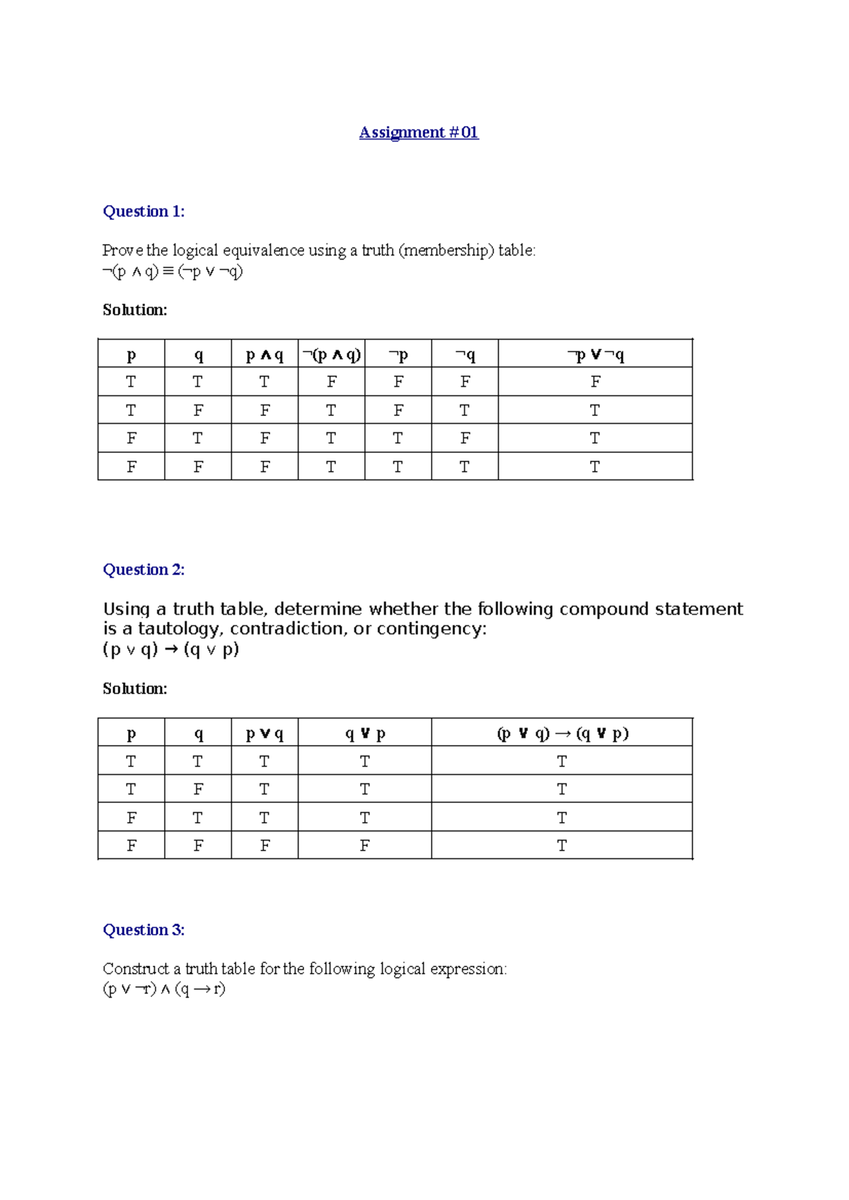 Math Assignment #01: Truth Tables & Logical Equivalence - Studocu