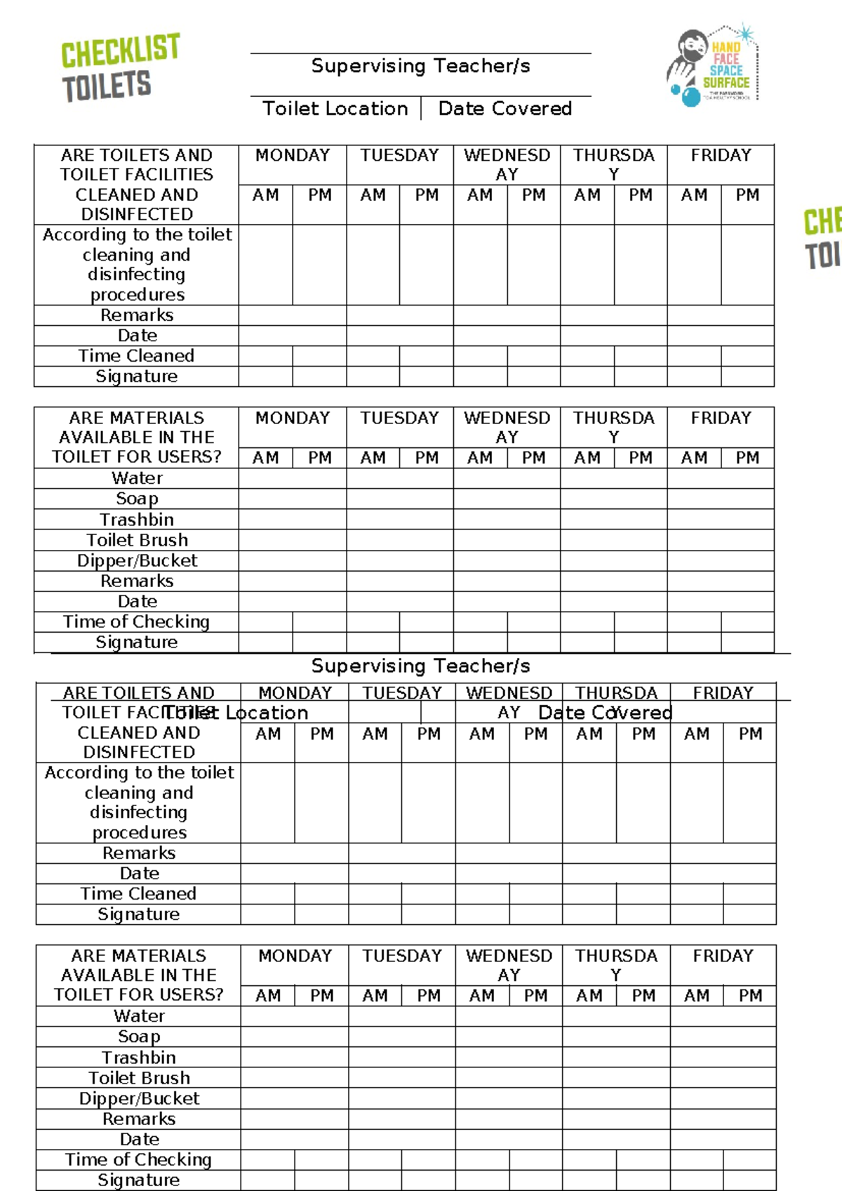 Toilet Checklist for Two Weeks: Cleaning & Supplies Monitoring - Studocu
