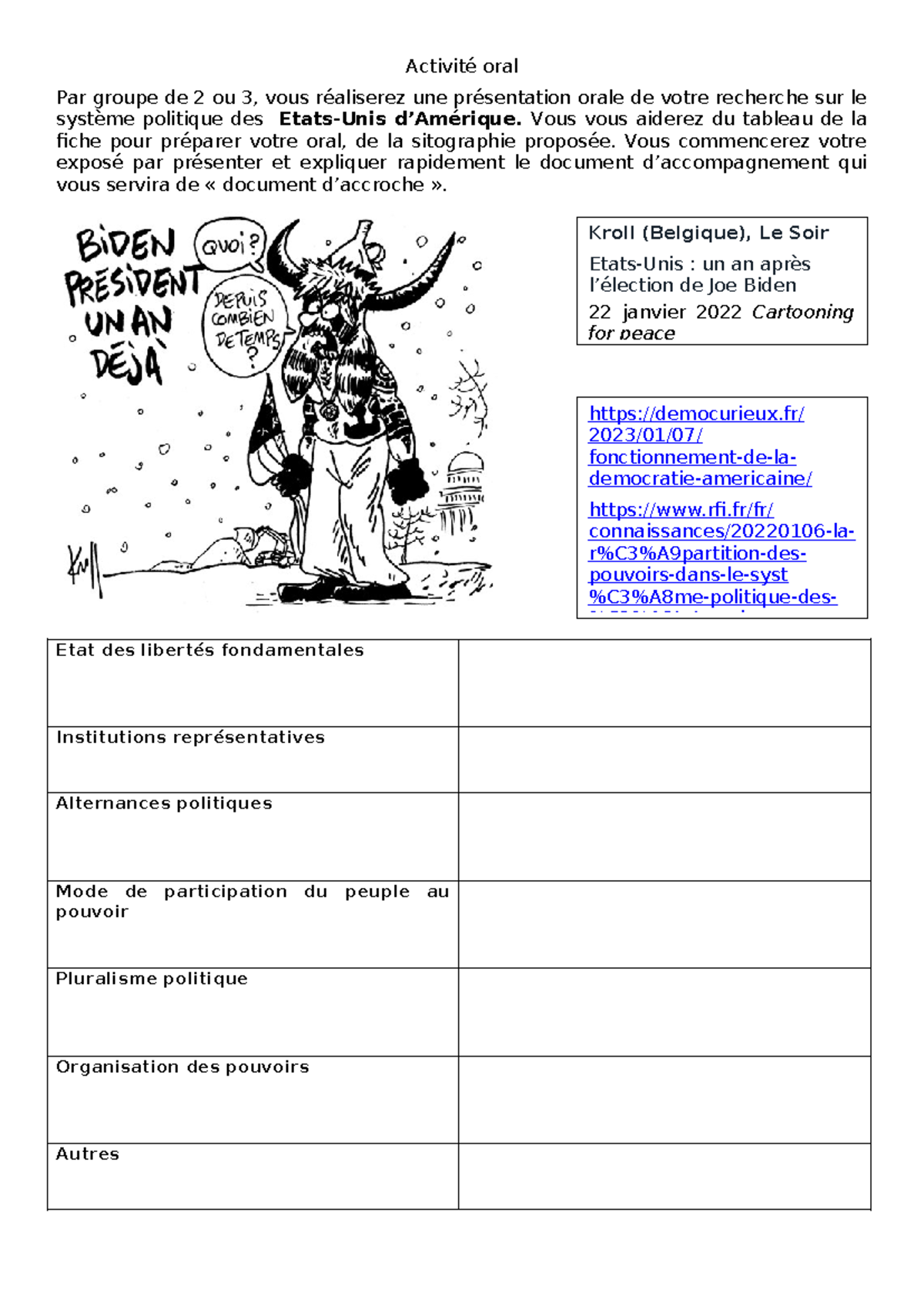 Fiche activité orale Etats-Unis 2 - Activité oral Par groupe de 2 ou 3 ...