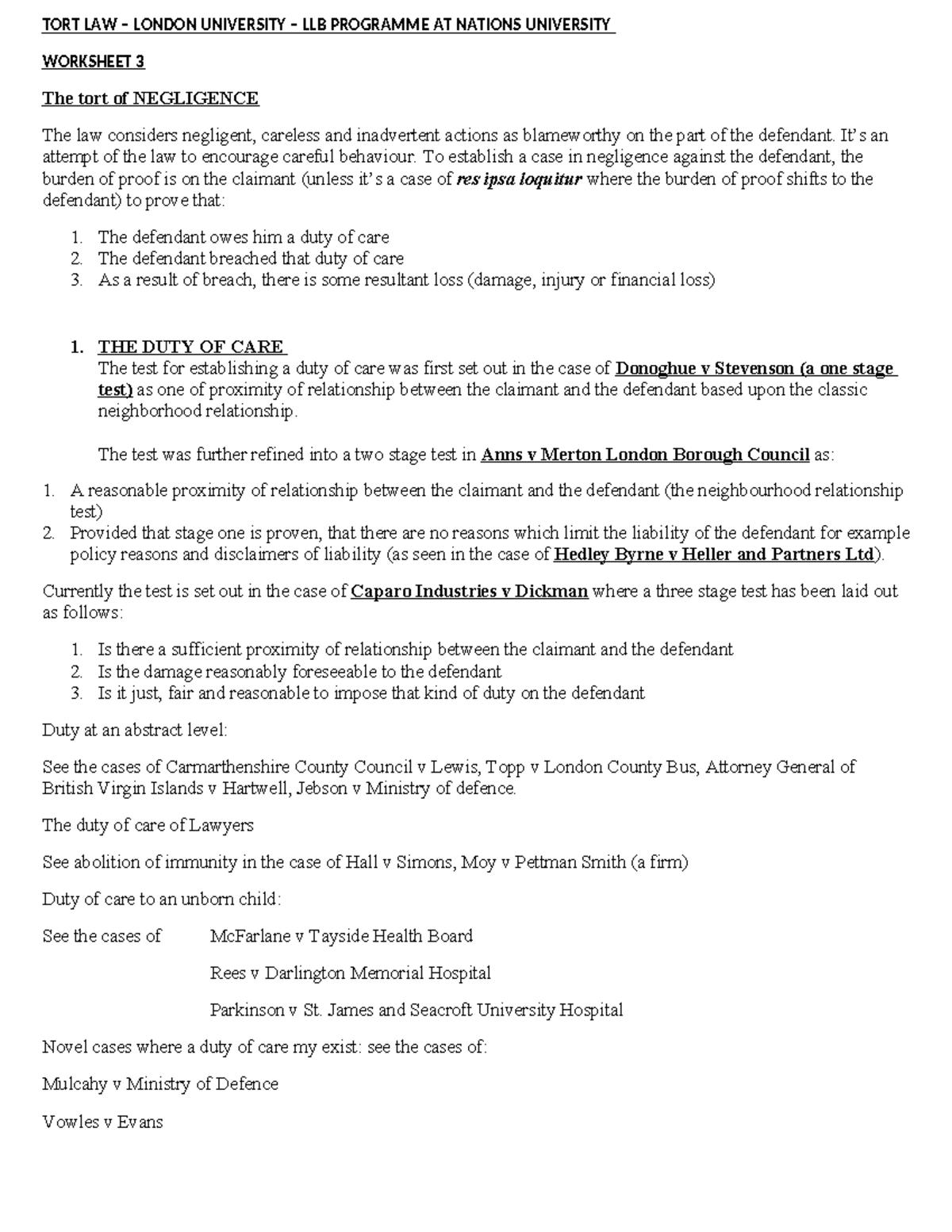 TORT LAW LLB WORKSHEET 3: DUTY OF CARE IN NEGLIGENCE - Studocu