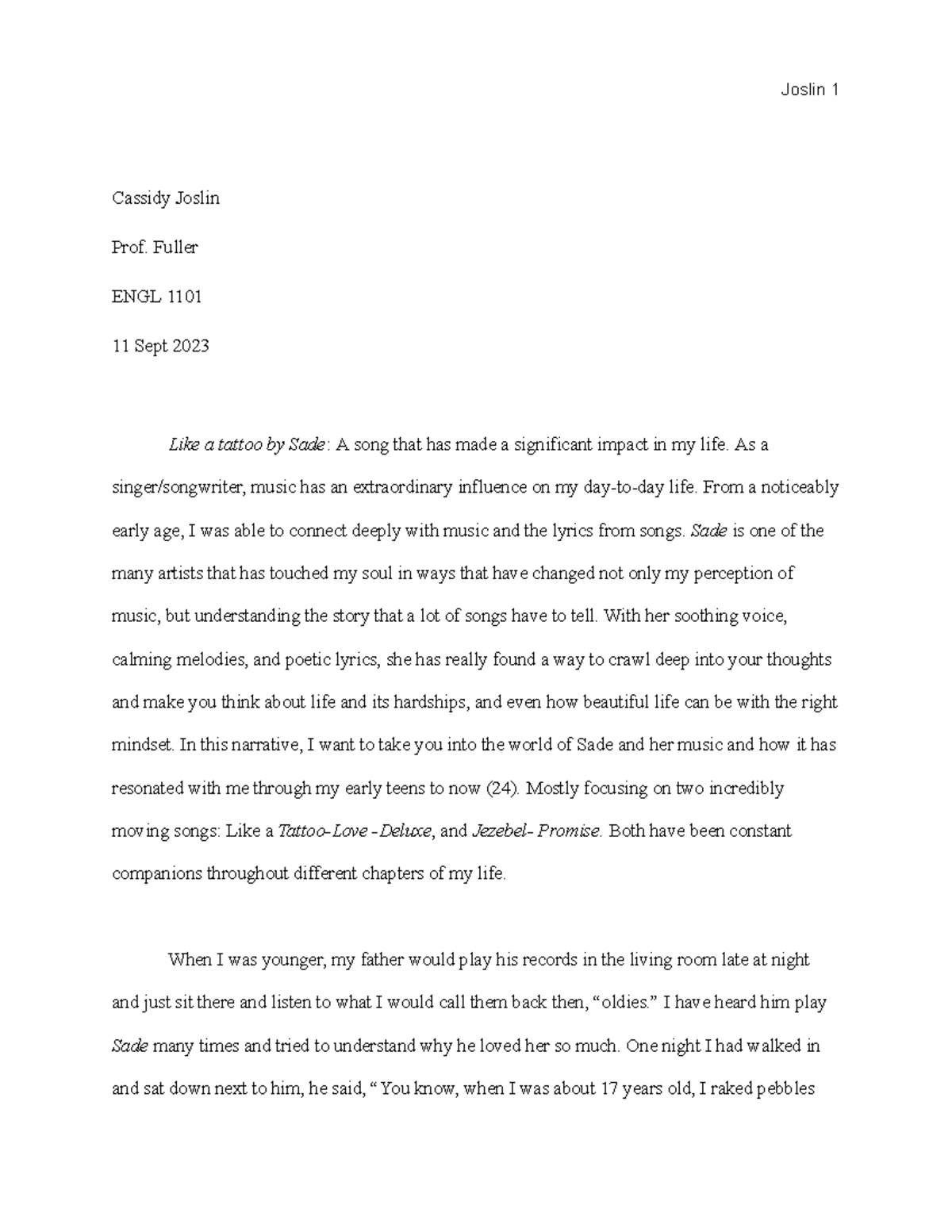 English Essay 1 - Cassidy Joslin Prof. Fuller ENGL 1101 11 Sept 2023 ...