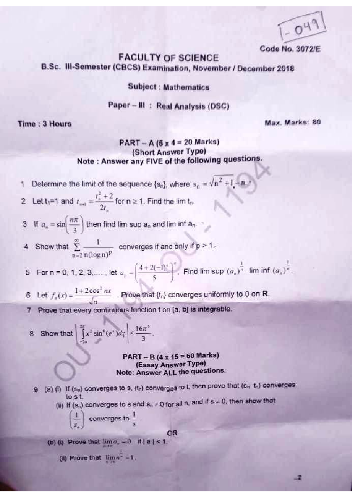 B.Sc. (CBCS) Nov-Dec 2018 Exam: Real Analysis Paper II (DSC) - Studocu