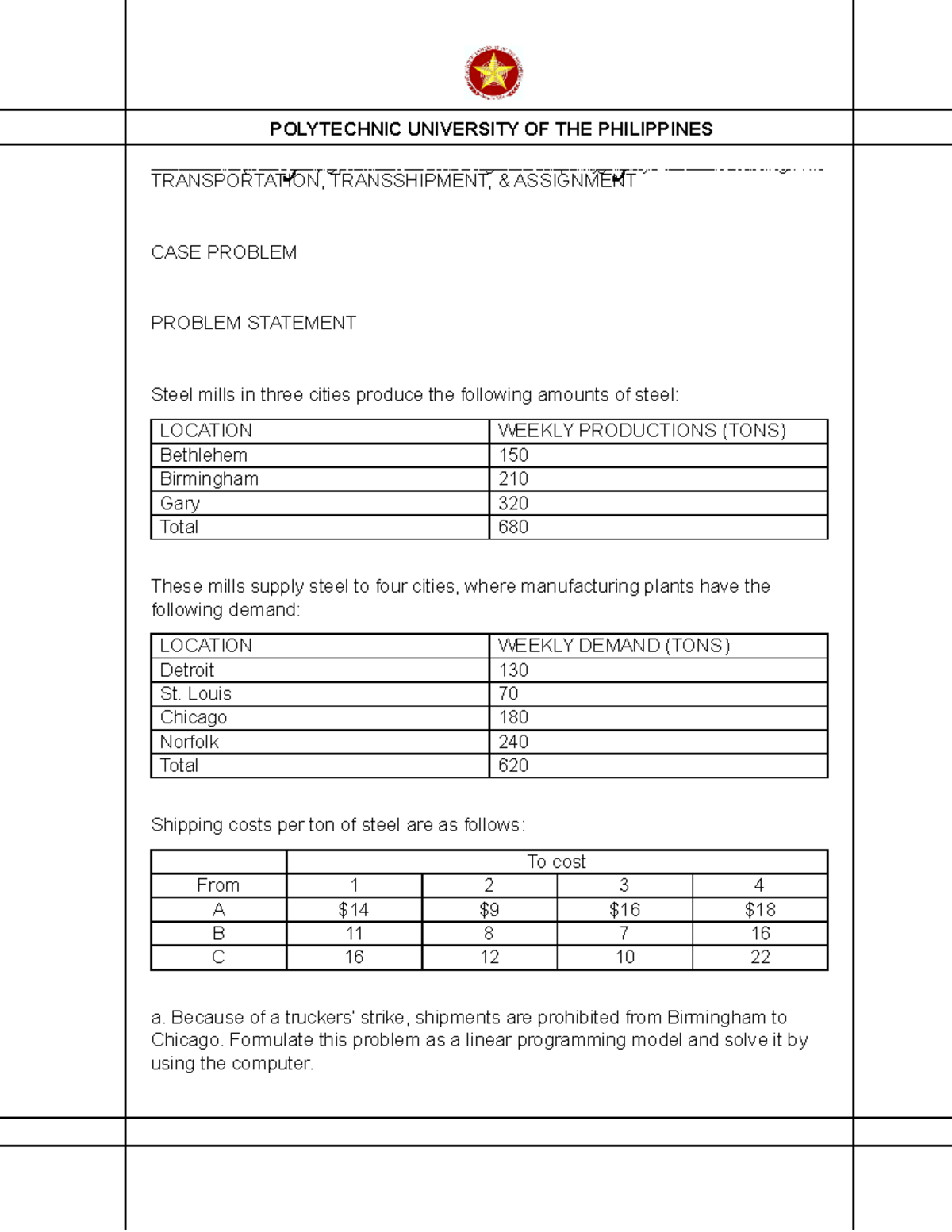 Transportation & Assignment Problem: Case Study Analysis - Studocu