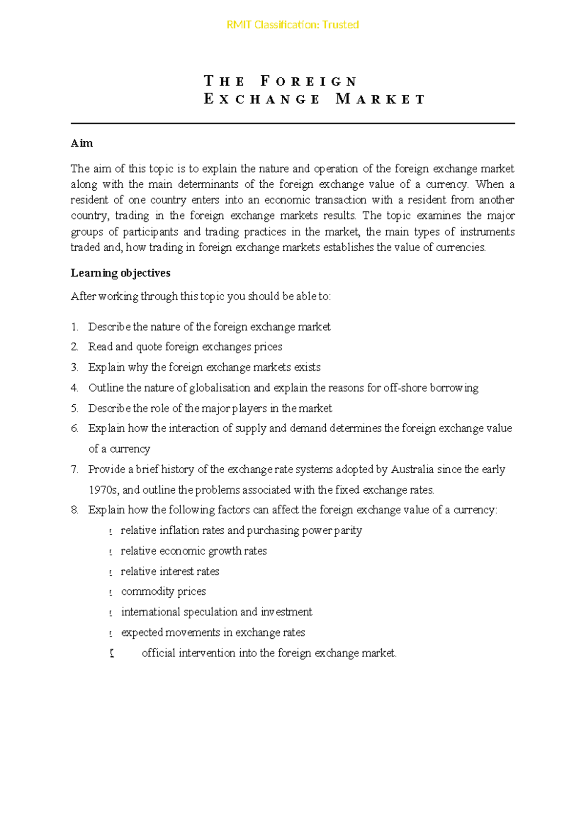 Foreign Exchange Market Overview: Course Notes (FINC101) - Studocu