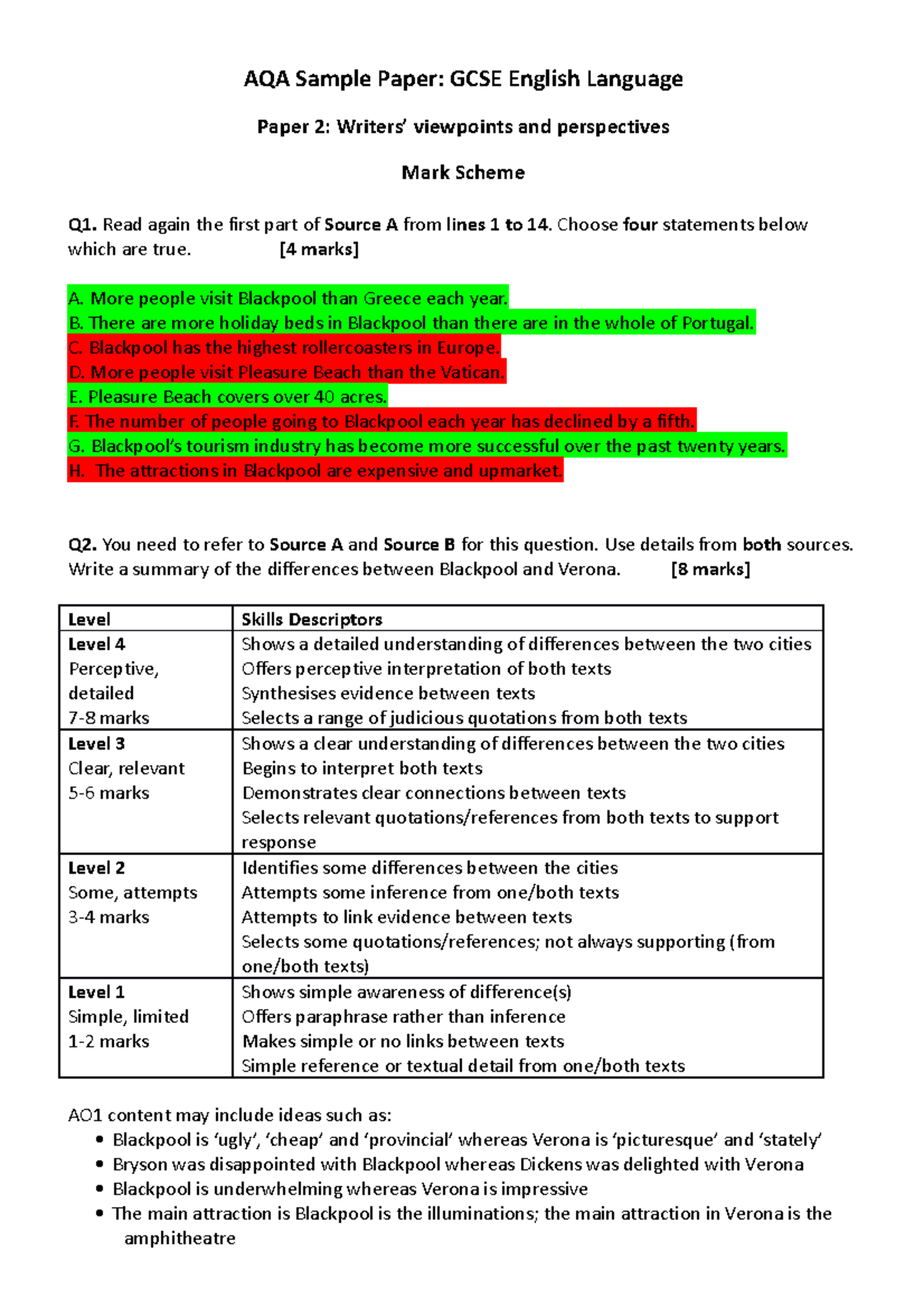AQA GCSE English Language Paper 2 Mark Scheme & Guidance Notes - Studocu