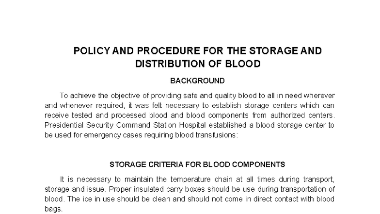 POLICY AND PROCEDURE FOR STORAGE & DISTRIBUTION OF WHOLE BLOOD - Studocu