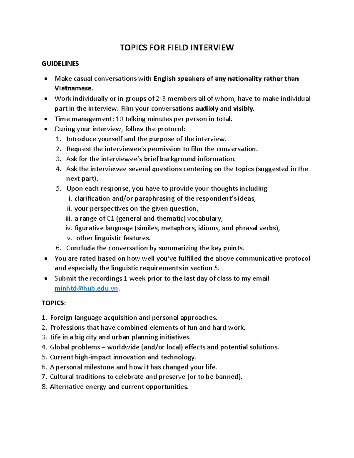 Speaking Advanced - Topics FOR Field Interview - TOPICS FOR FIELD ...