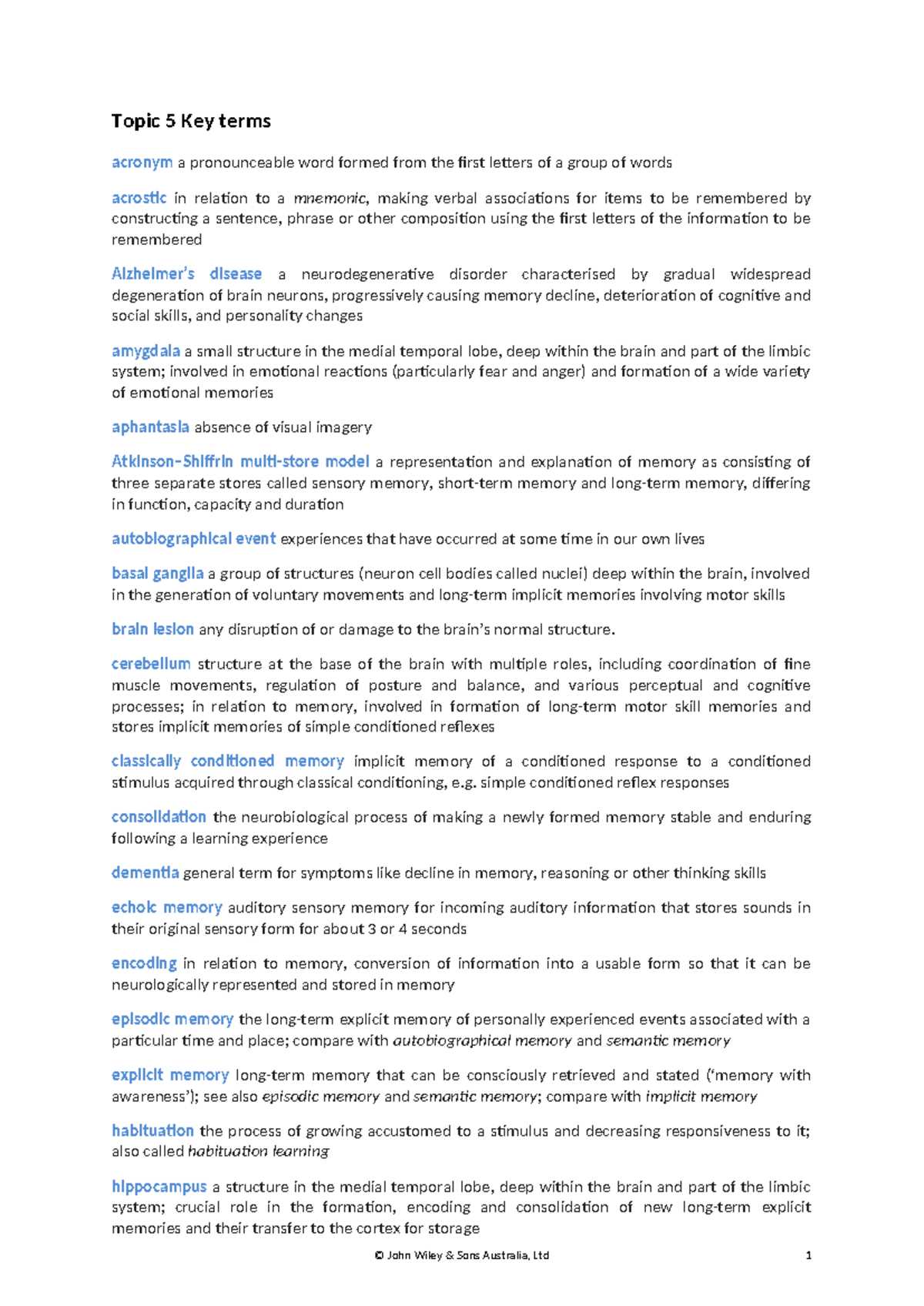Glossary of key terms in memory (PSY101) - Studocu
