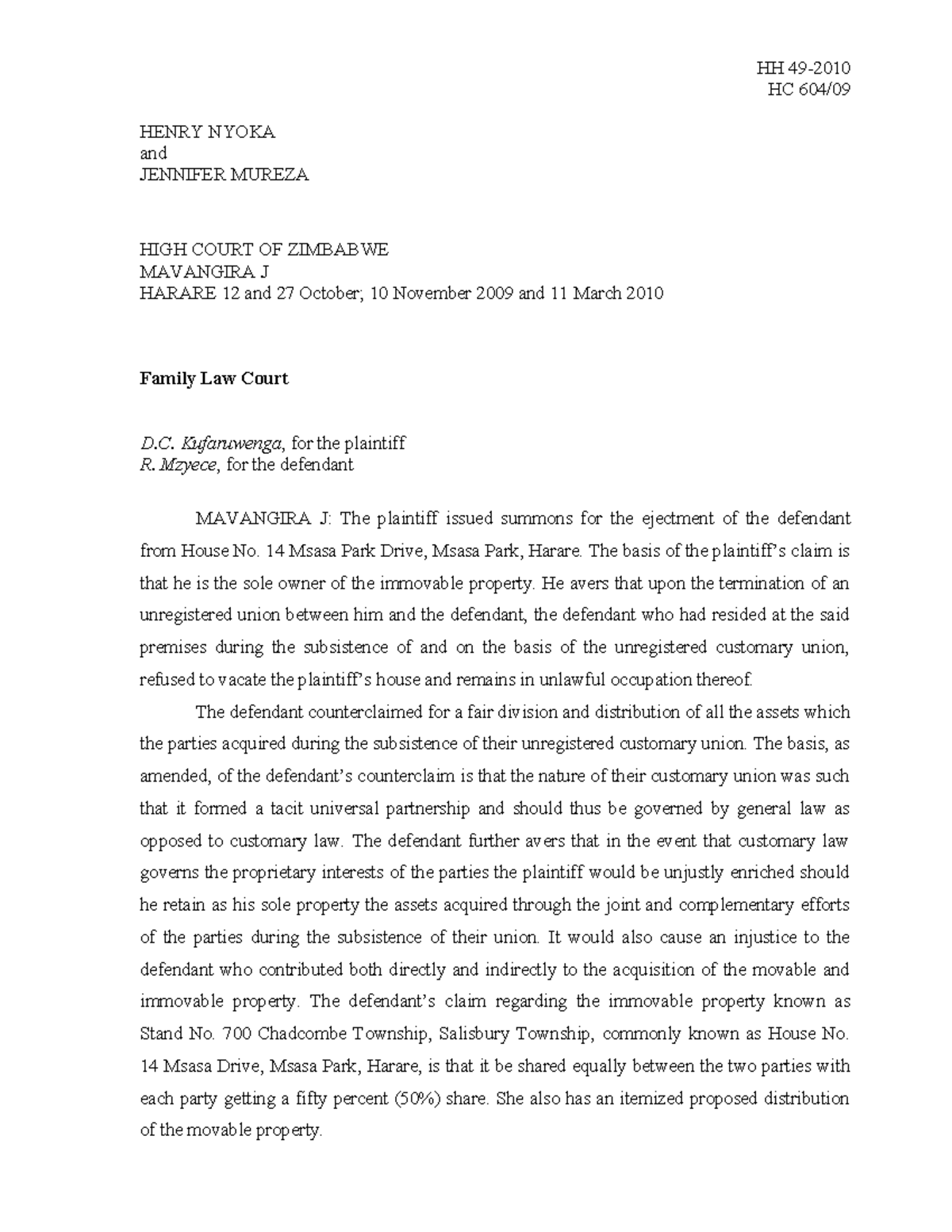 HH HC Nyoka v Mureza: Family Law Court Ruling on Property Distribution ...
