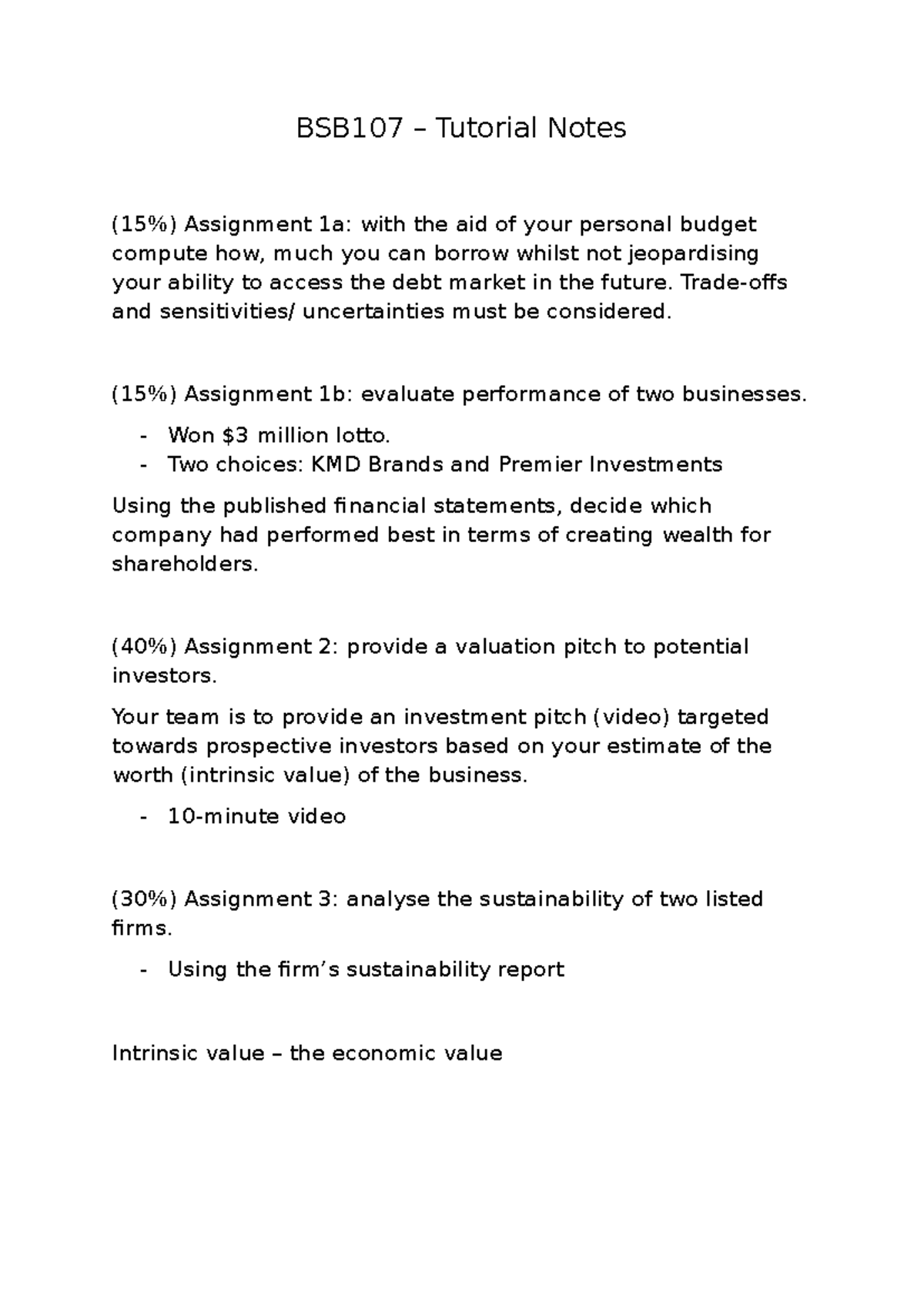 BSB107 - Tutorial Notes - BSB107 – Tutorial Notes (15%) Assignment 1a ...