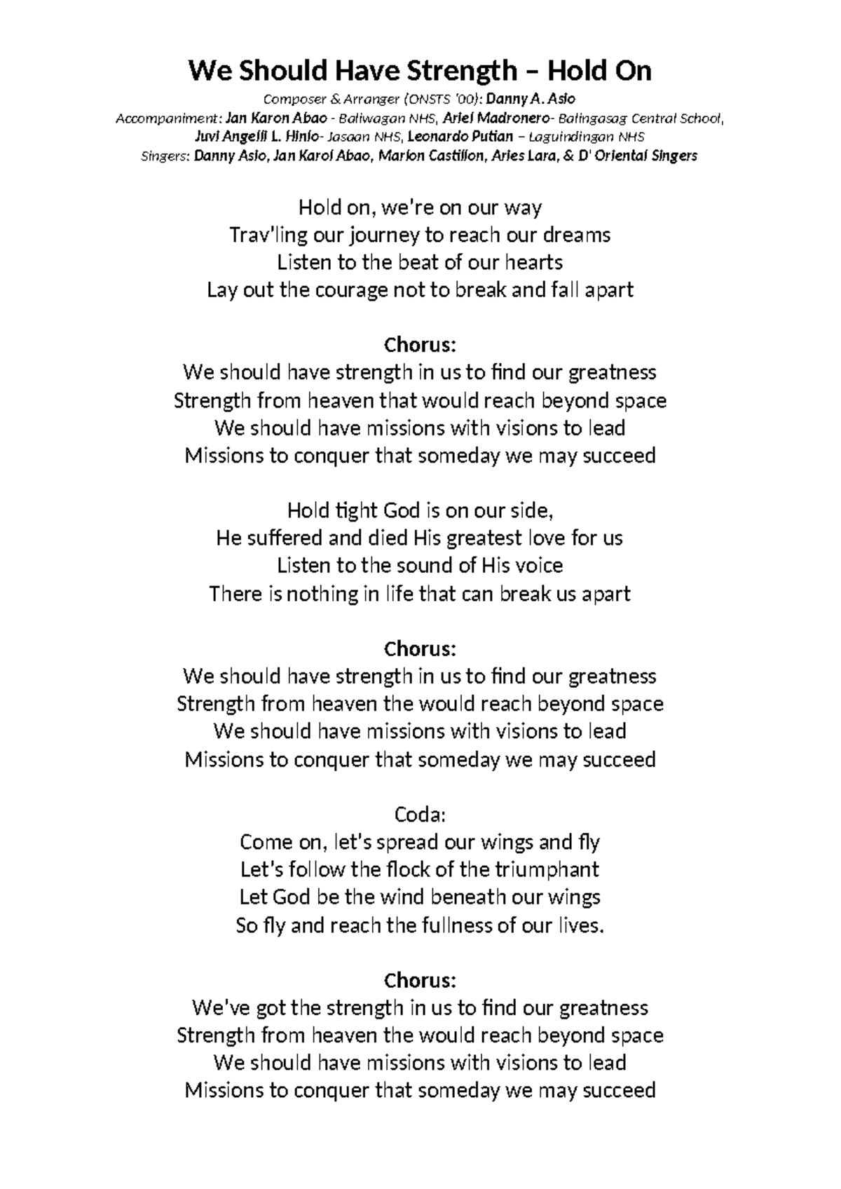 Graduation Songs (ONSTS '00): We Should Have Strength - Lyrics ...