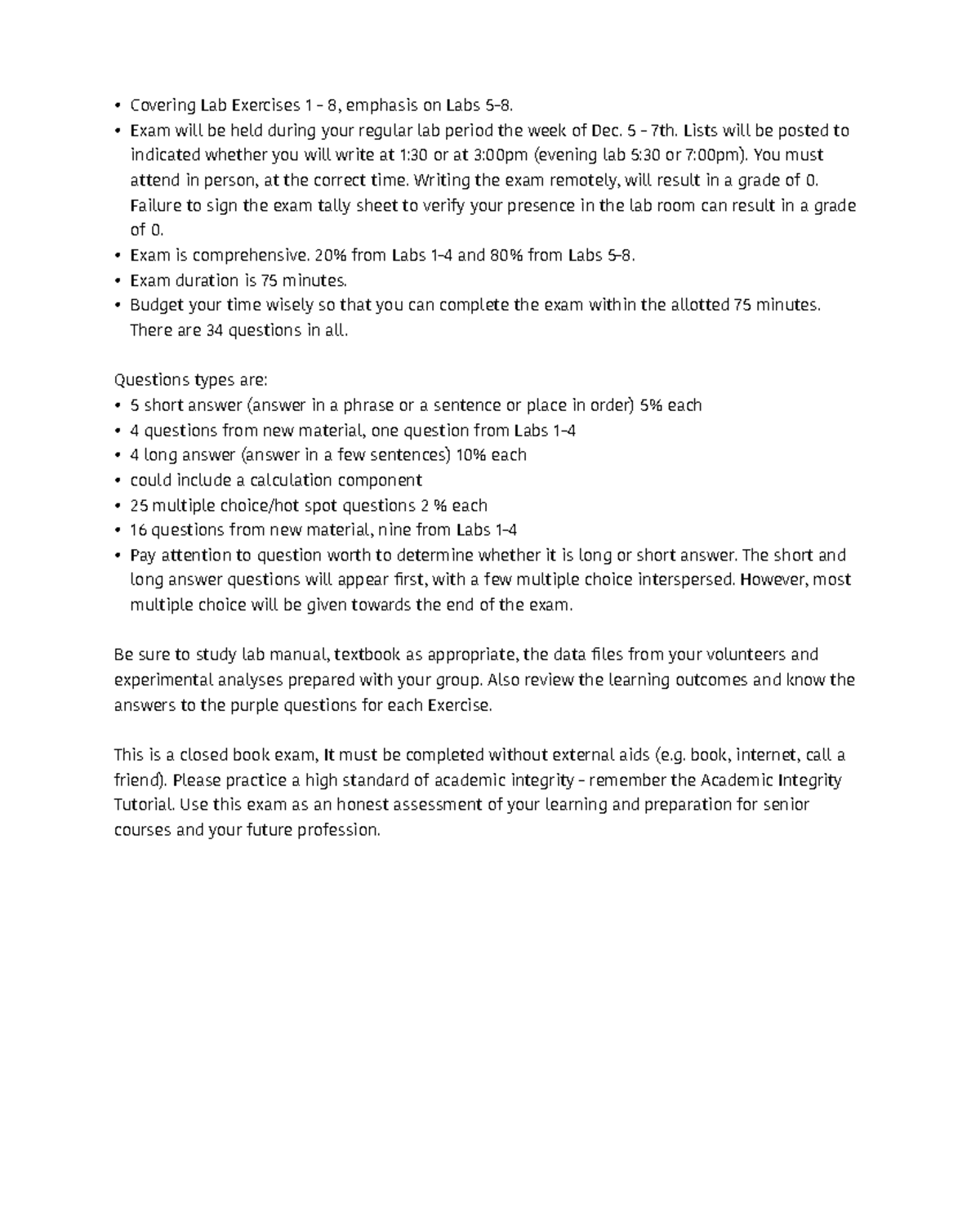 Lab Exam #2 - Practical Details for Labs 1-8 (Dec. 5-7) - Studocu