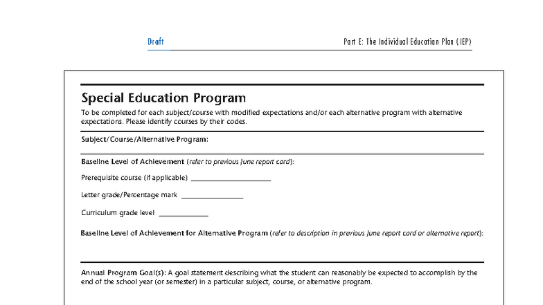IEP Program Template: Draft Part E for Special Education - Studocu