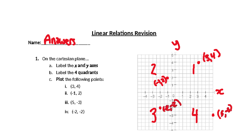 Linear Relations Revision 1: Cartesian Plane & Equations - Studocu