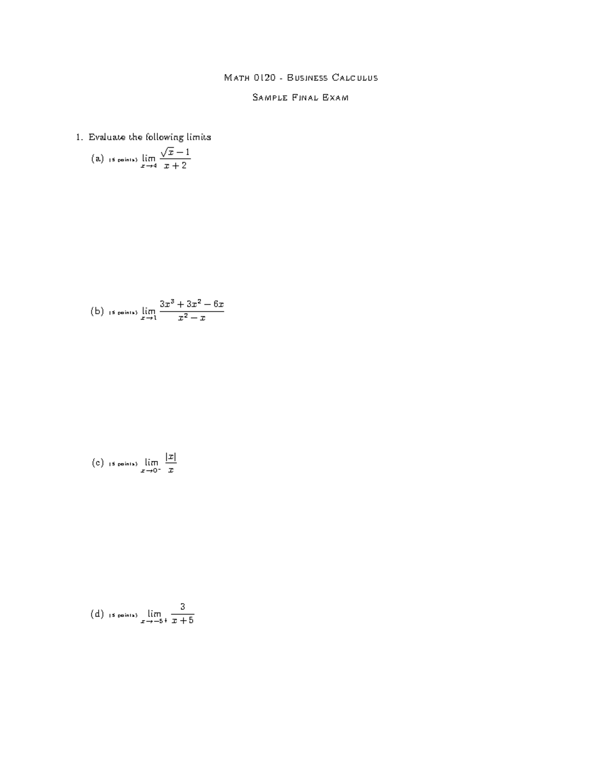 Sample Final 5 - Calculo Para negocio - Math 0120 - Business Calculus ...