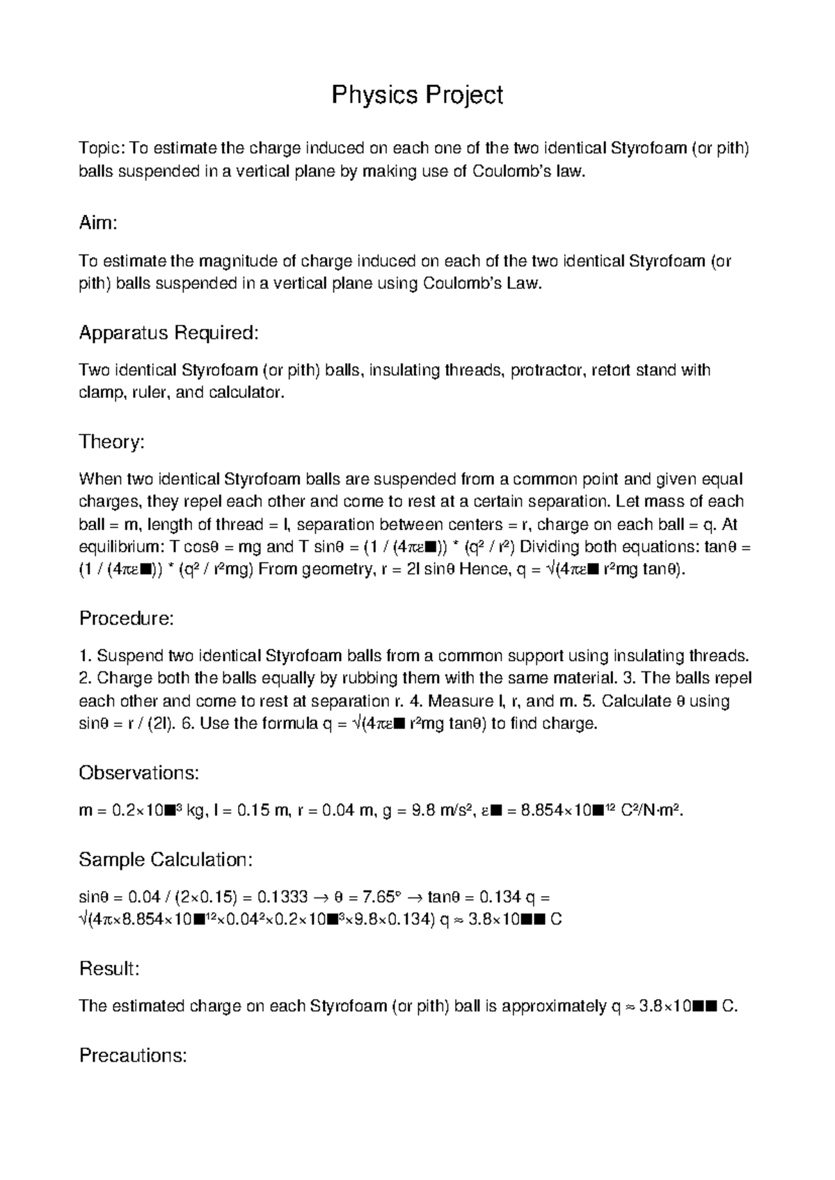 Physics Project: Estimating Charge on Styrofoam Balls - Studocu