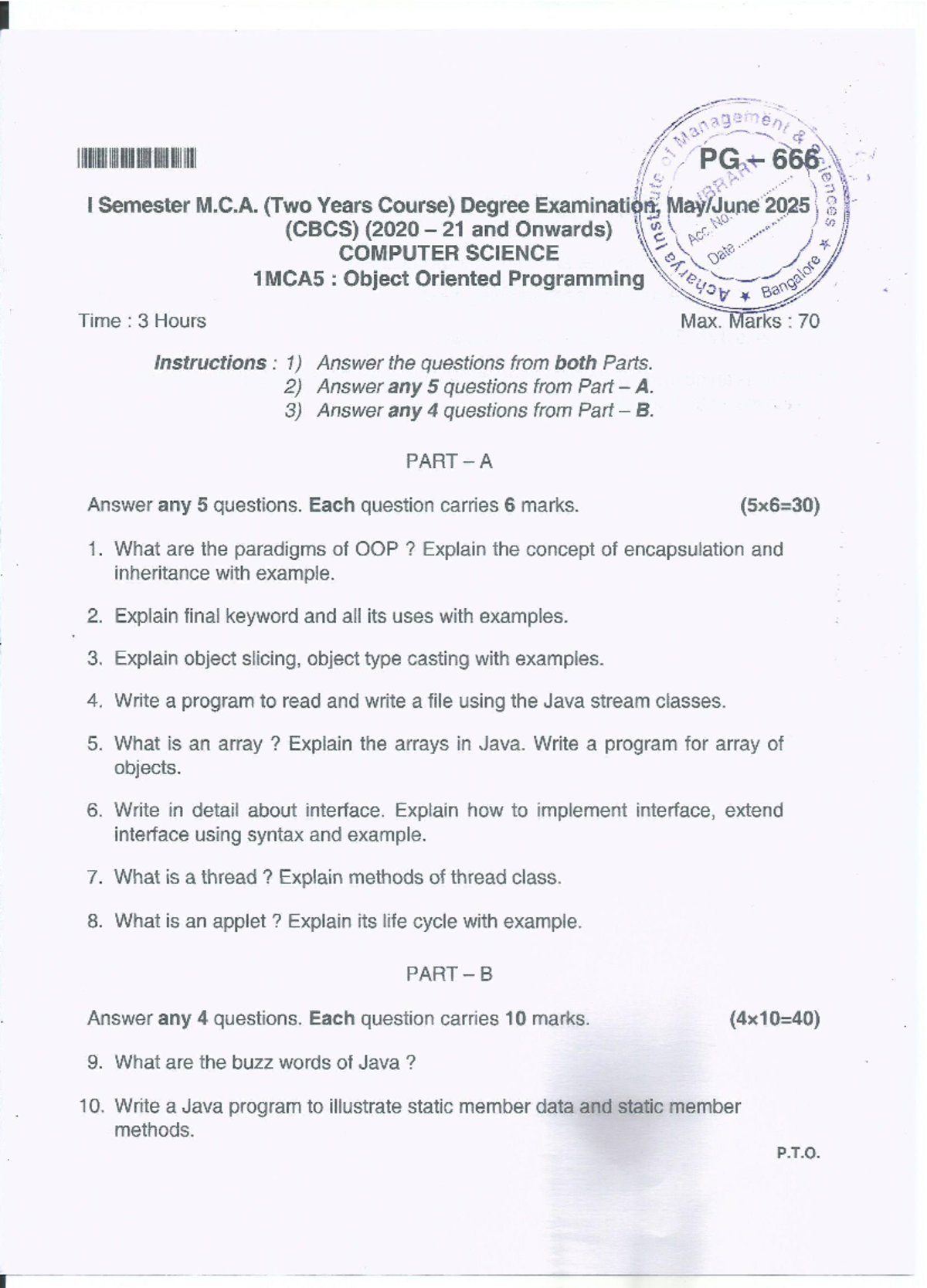 I Semester M.C.A. (2020-21) Final Exam: Object Oriented Programming ...