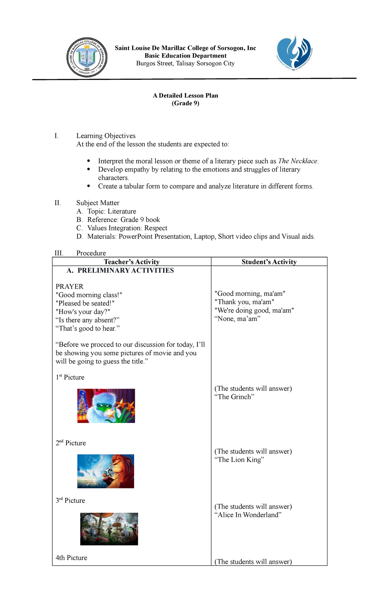 DLP 9 - Detailed Lesson Plan on Literature: Analyzing "The Necklace ...