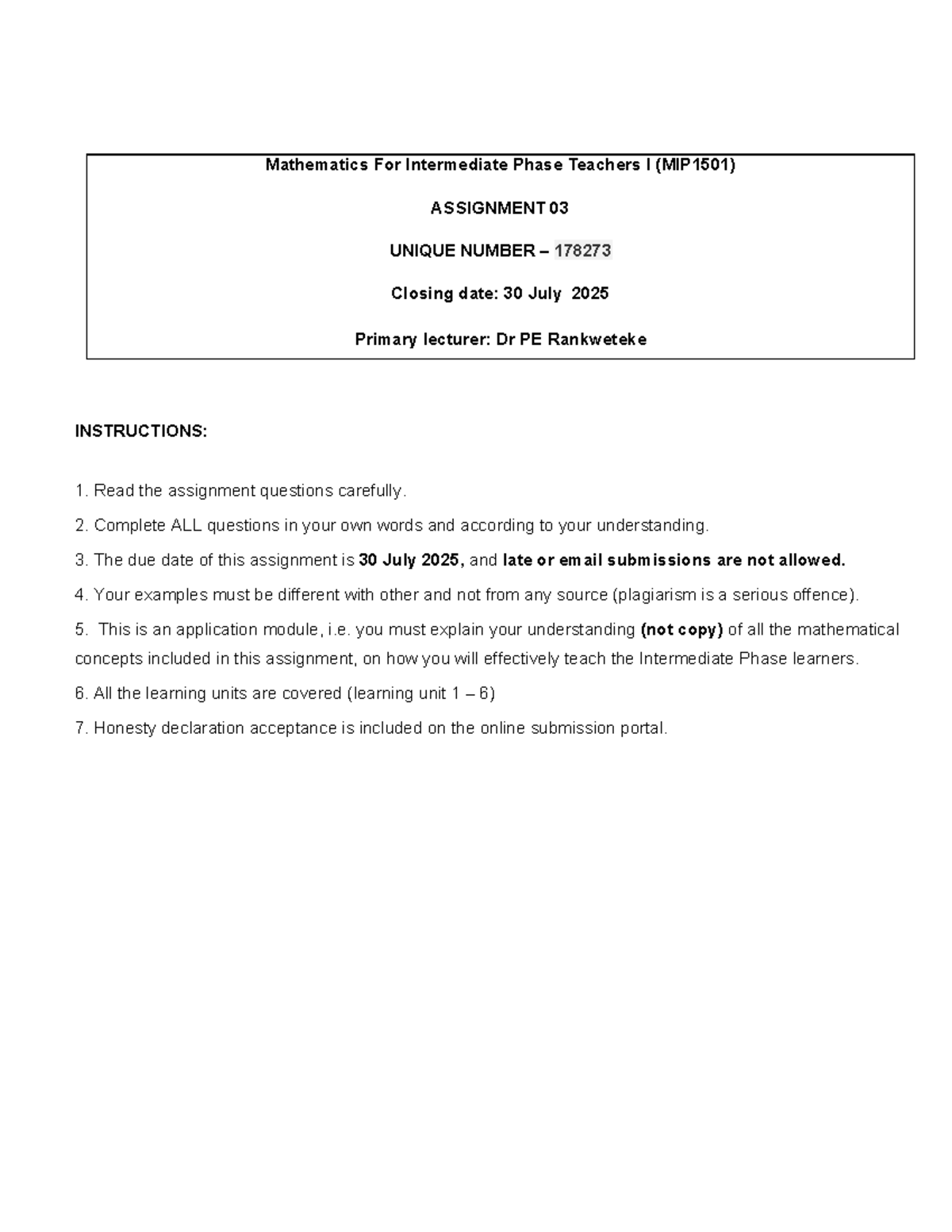 MIP1501 2025 Assignment 03: Teaching Math Concepts for Intermediate ...