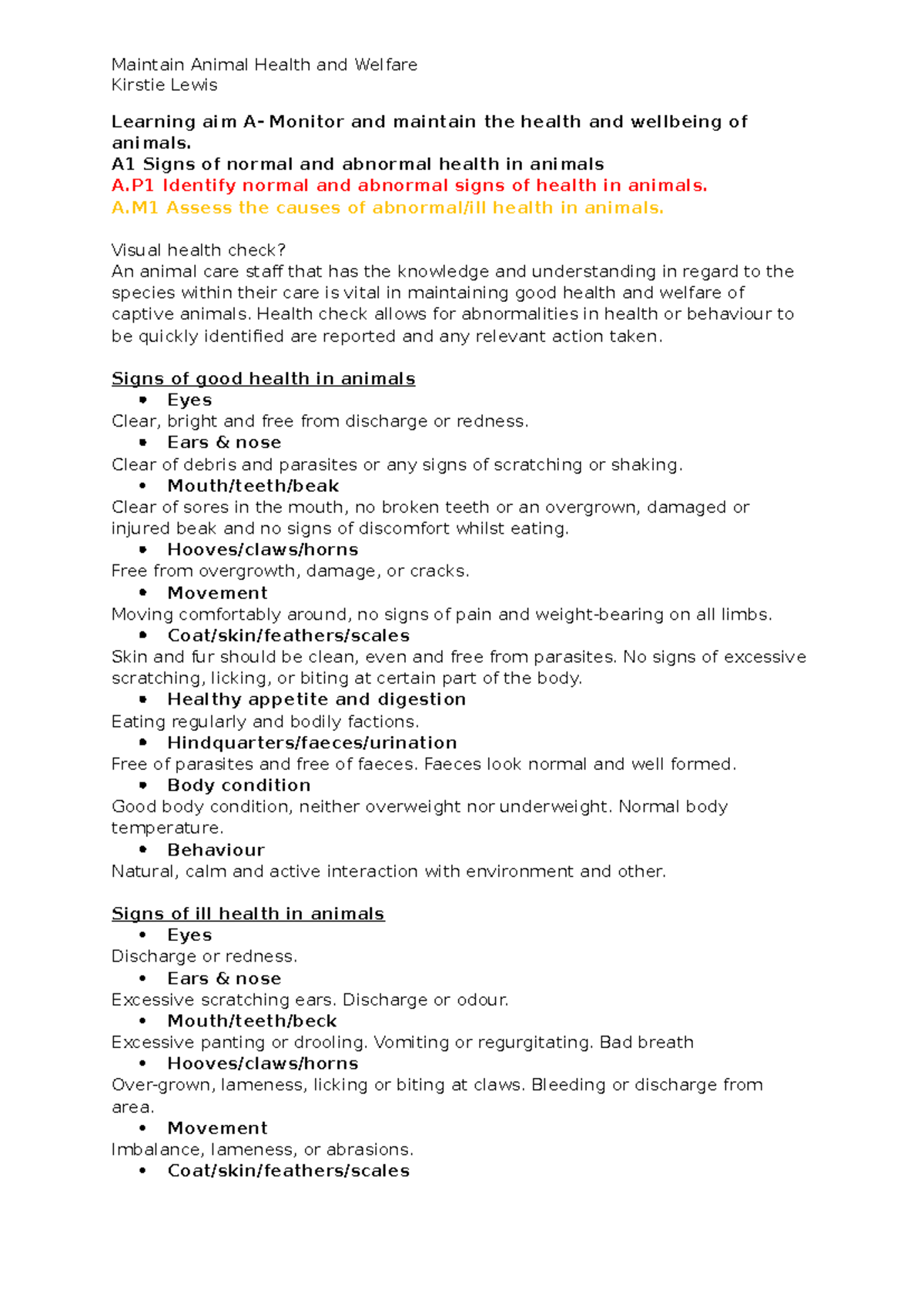 Unit 1 Practical Animal Health: Monitoring and Maintaining Animal ...