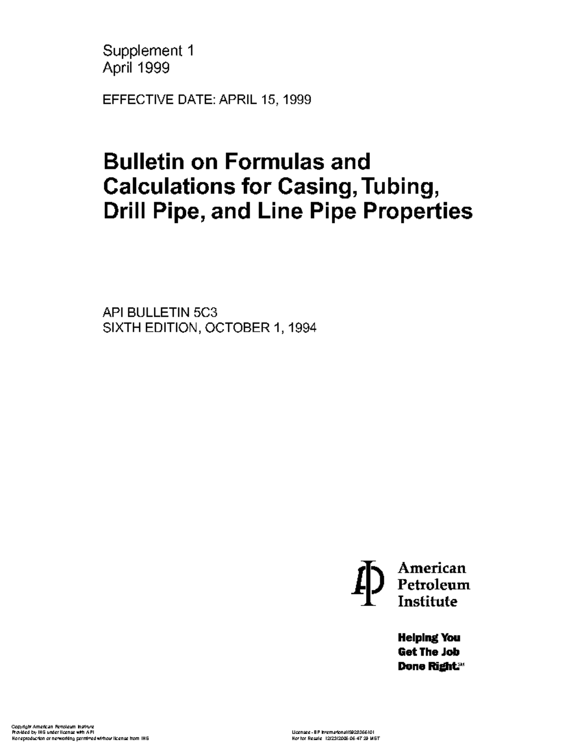 API 5C3(99) Bulletin: Casing, Tubing, and Drill Pipe Properties ...