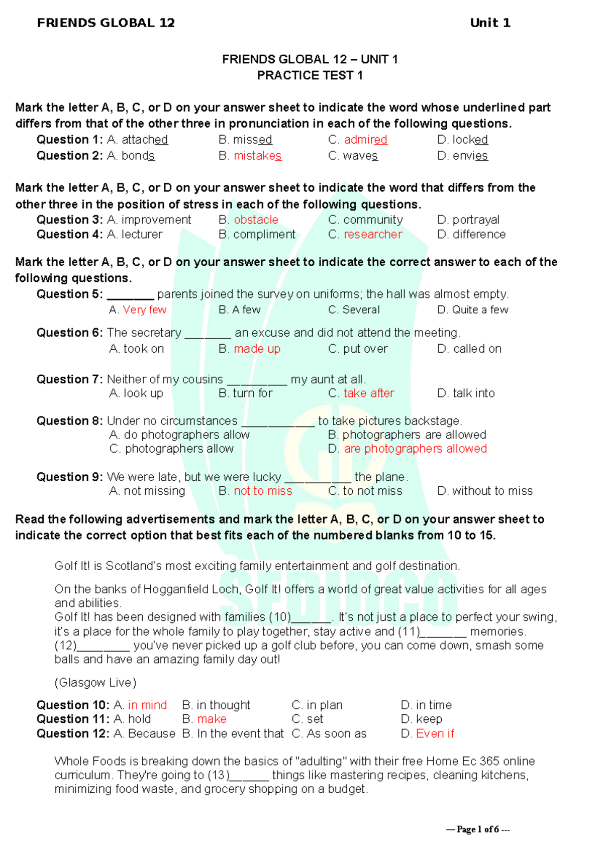 FRIENDS GLOBAL 12 Unit 1 Practice Test 1 Answers and Key - Studocu