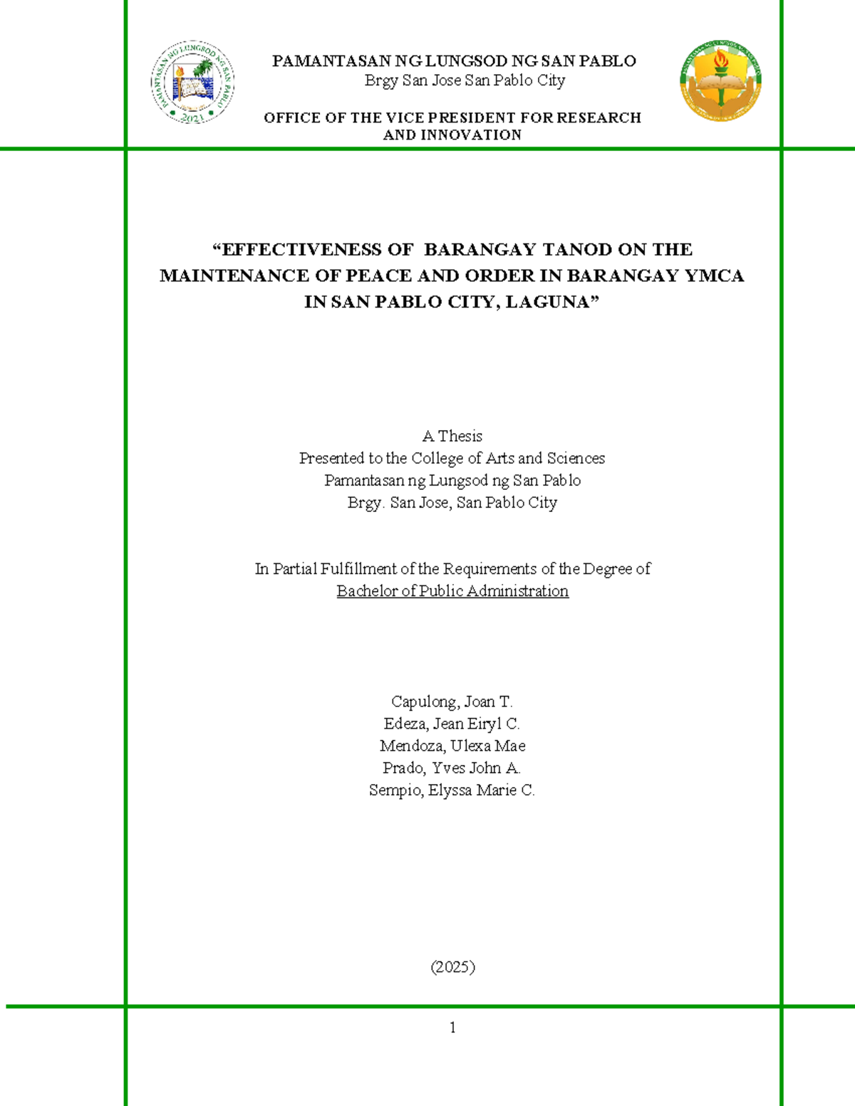 Assessment of Barangay Tanods' Role in Peace & Order: A Study (BPA 2025 ...