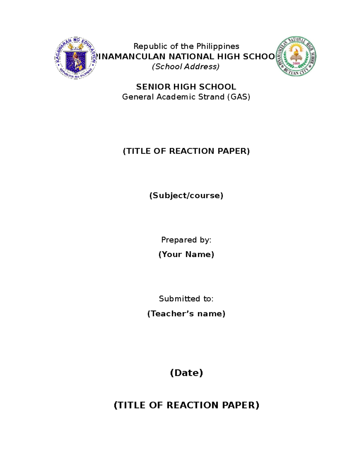 Reaction- Paper- Format - Republic of the Philippines PINAMANCULAN ...