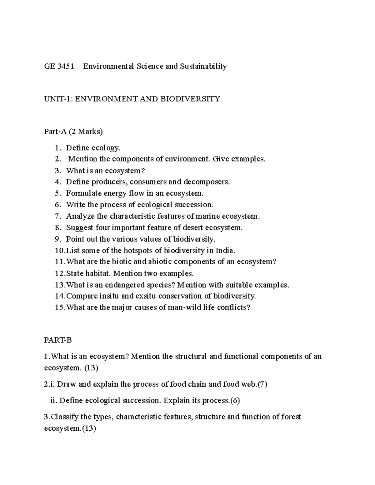 GE 3451 Environmental Science & Sustainability Unit 1 Study Notes - Studocu
