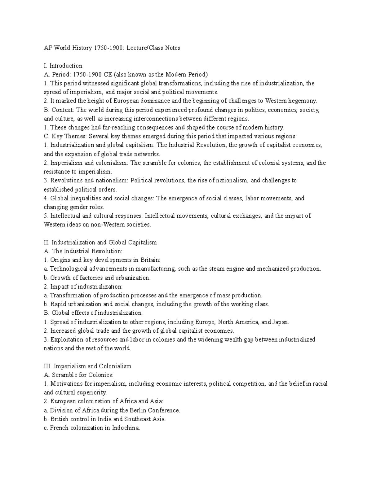 AP World History 1750-1900: Comprehensive Lecture Notes - Studocu