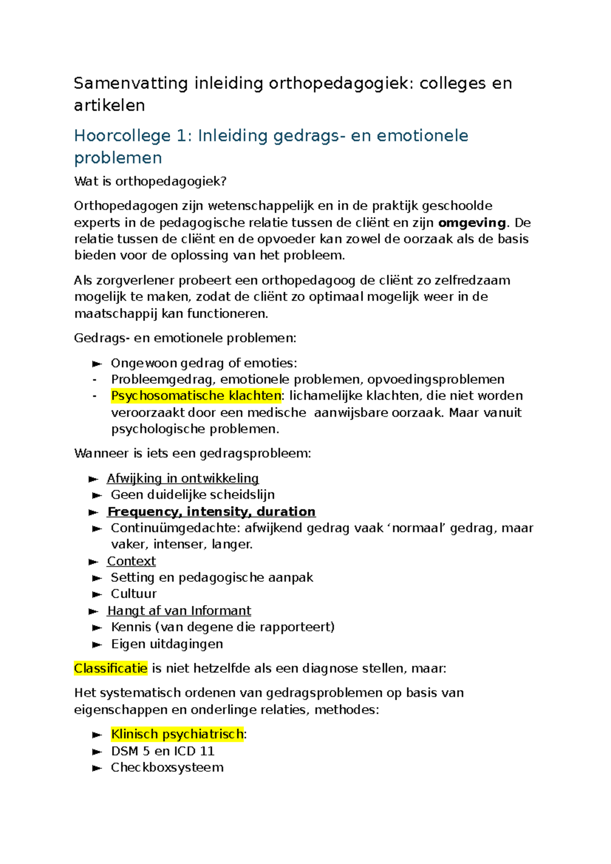 Inleiding Orthopedagogiek: Samenvatting Colleges en Artikelen 2023 ...
