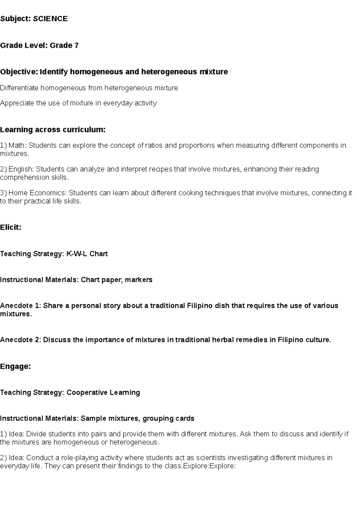 Grade 7 Science Lesson Plan: Exploring Mixtures (LP 7) - Studocu