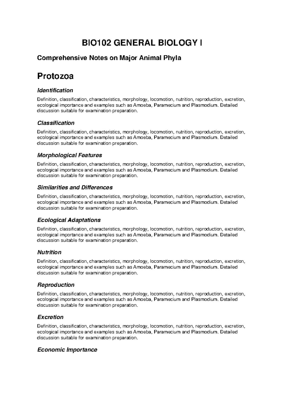 BIO102 General Biology I: Comprehensive Notes on Major Animal Phyla ...