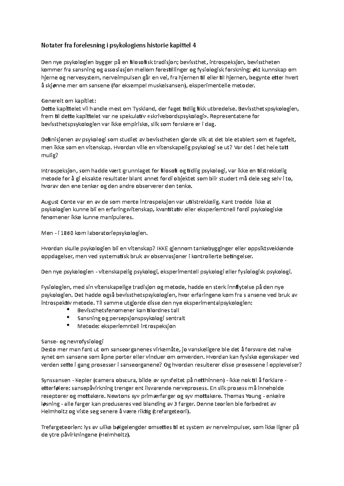 Notater fra forelesning kapittel 4 - Notater fra forelesning i psykologiens historie kapitel 4 ...